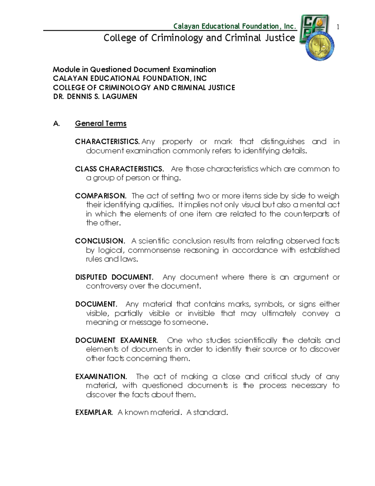 Cgdvlm 05i module in Questioned Document - College of Criminology and Criminal Justice Module in ...