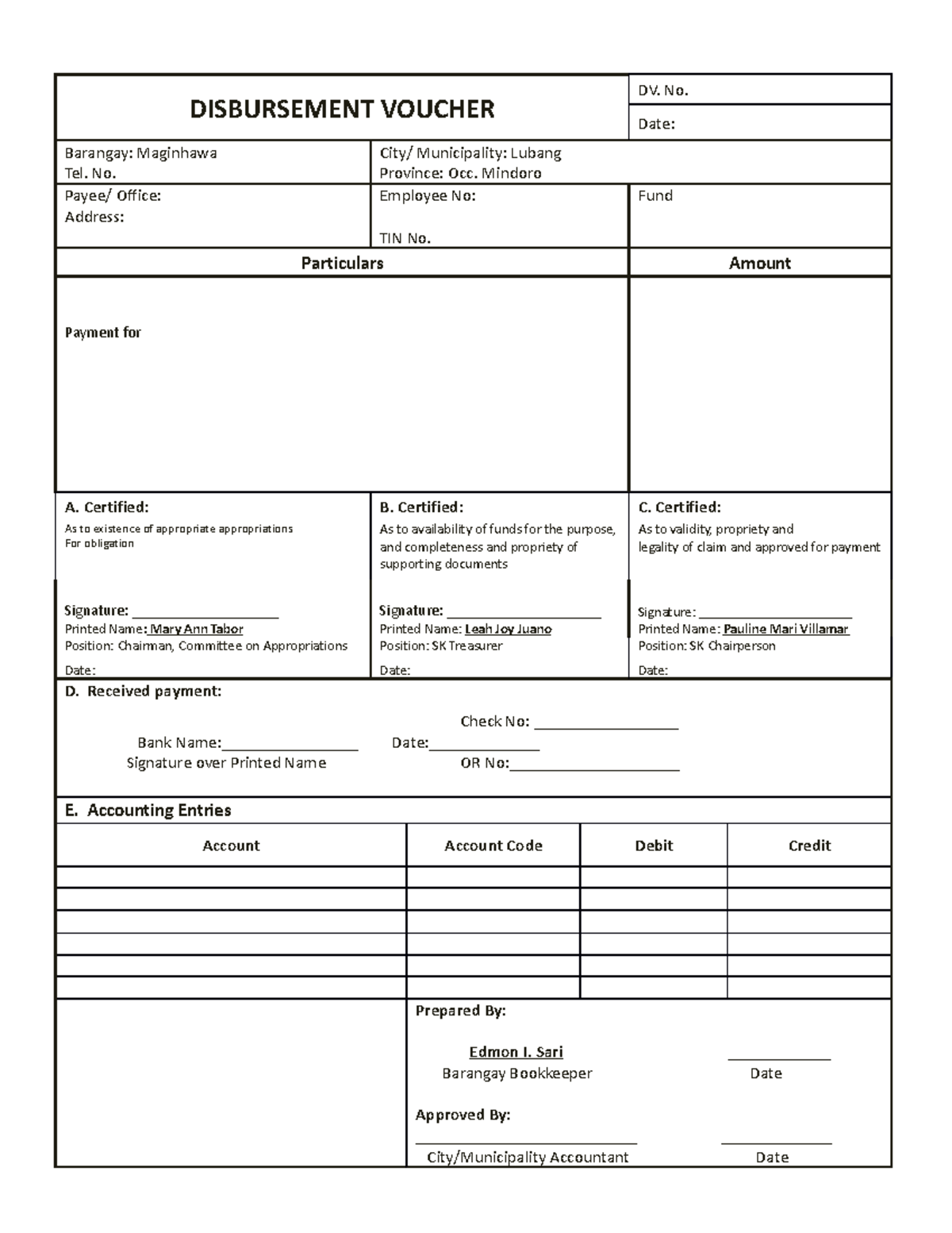 Villamar 3 - qwsdf - DISBURSEMENT VOUCHER ####### DV. No. ####### Date ...