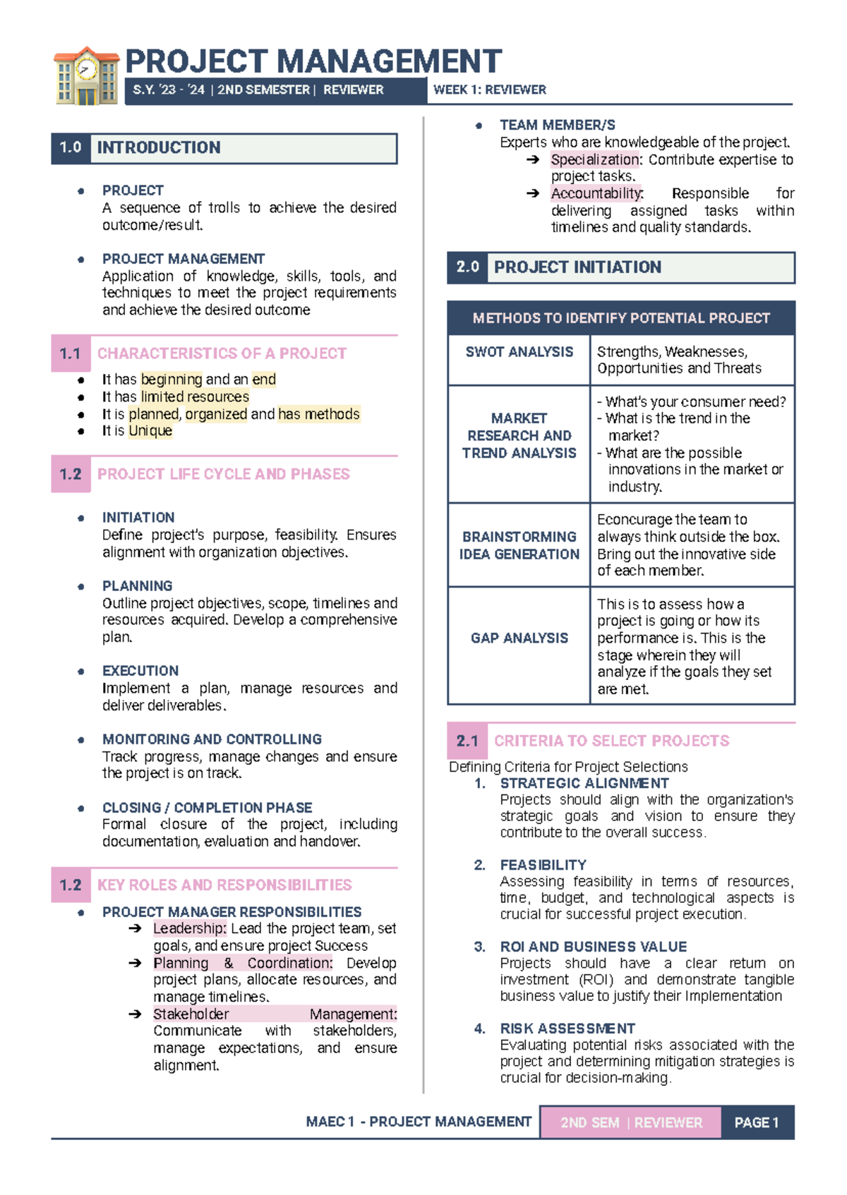 Project Management Lecture Notes Project Management S ‘23 ‘24 2nd Semester Reviewer