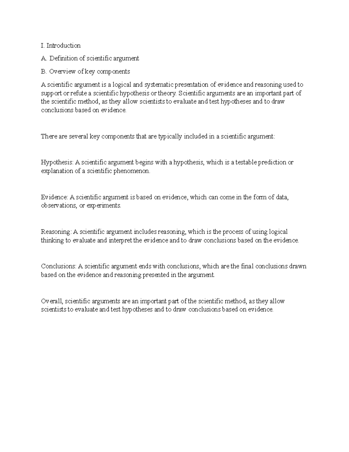 Basics of scientific arguments 1 - I. Introduction A. Definition of ...