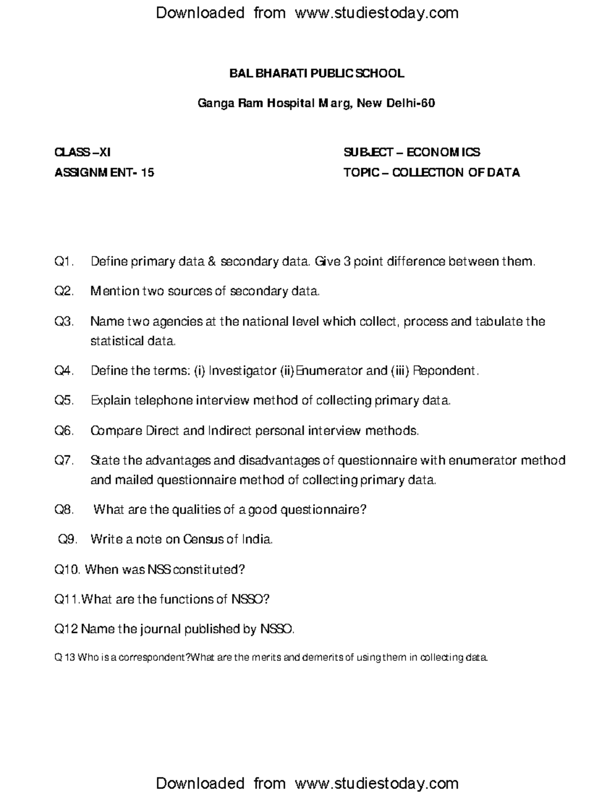 CBSE Class 11 Economics Collection Of Data Worksheet Set B - BAL ...