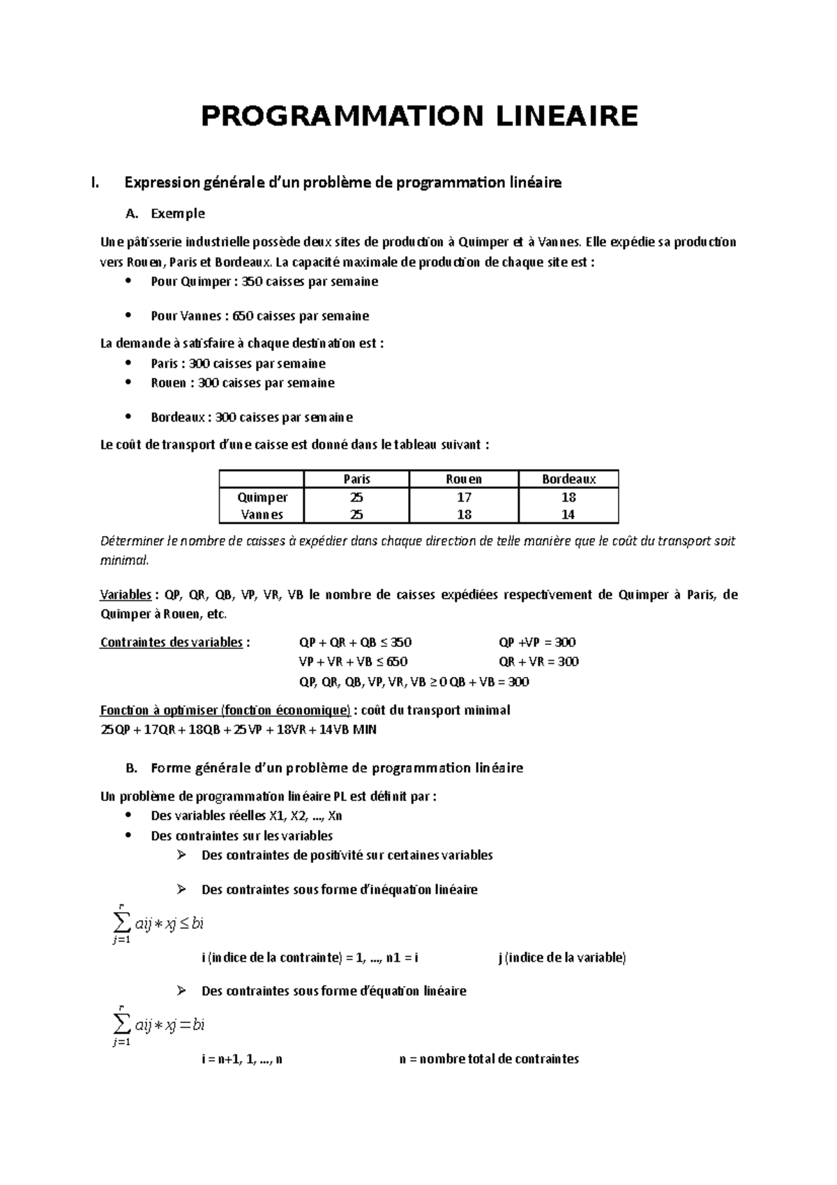 Programmation Lineaire - PROGRAMMATION LINEAIRE I. Expression générale ...