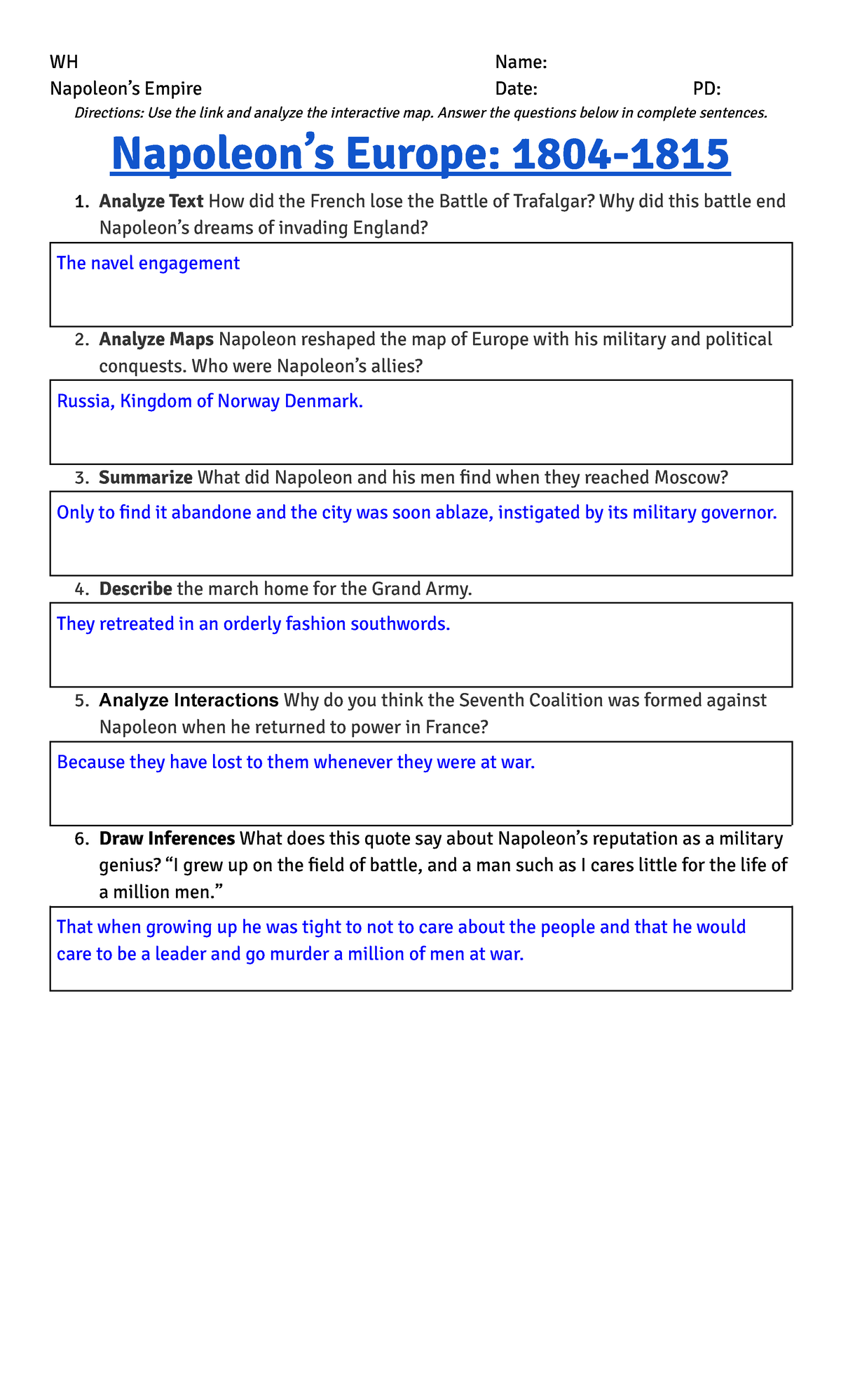 Copy of Short Answer Napoleon’s Europe - WH Name: Napoleon’s Empire ...