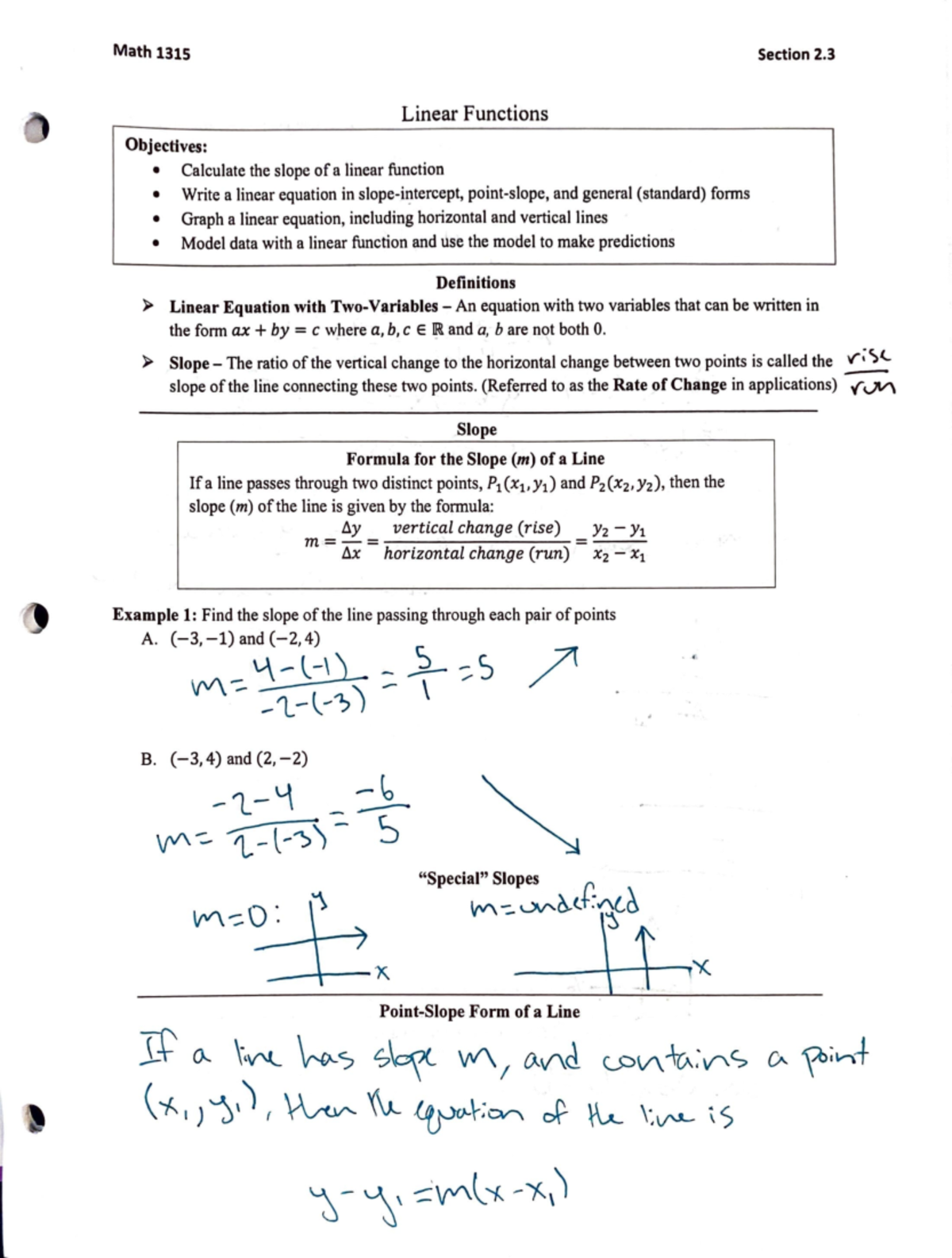 2.3 notes - linear functions - I Math 1315 Section 2. Linear Functions ...