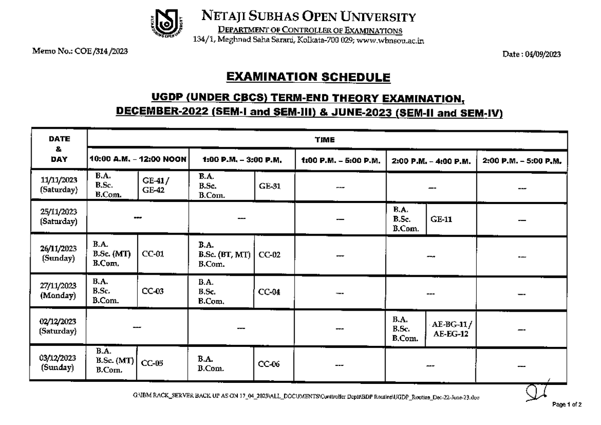 20230904 Exam Schedule UGDP TEE Theory Dec2022 June2023 - B.Com - Studocu