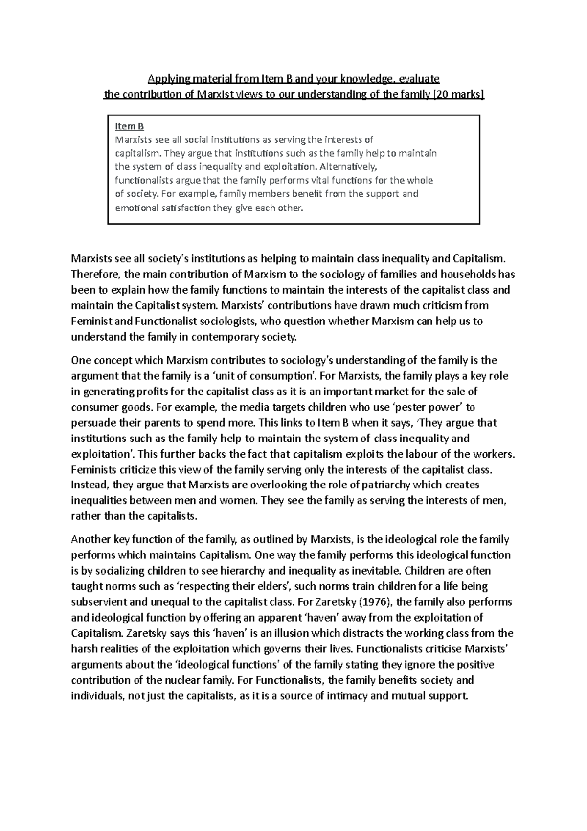 20 mark q on Marxist views to our understanding of the family ...