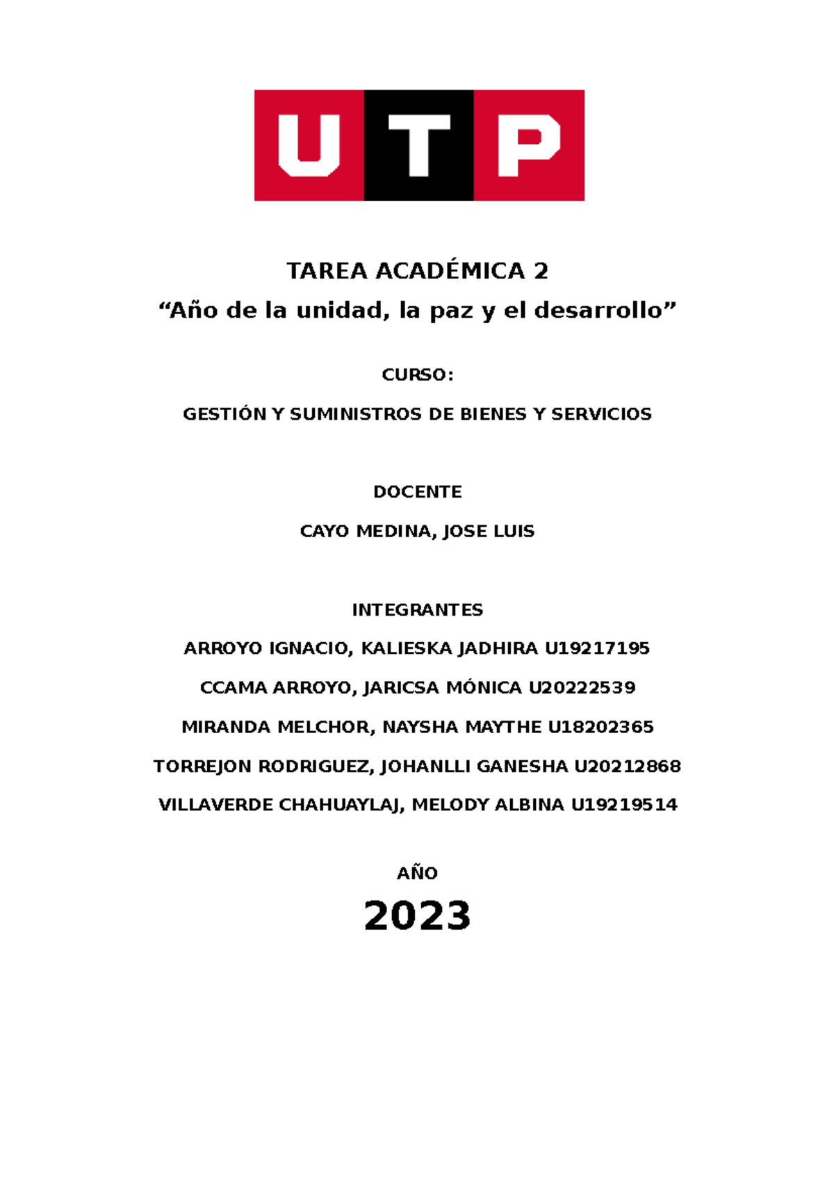 TA2- Gestion DE SUM. Grupo 8 - TAREA ACADÉMICA 2 “Año de la unidad, la paz y el desarrollo ...