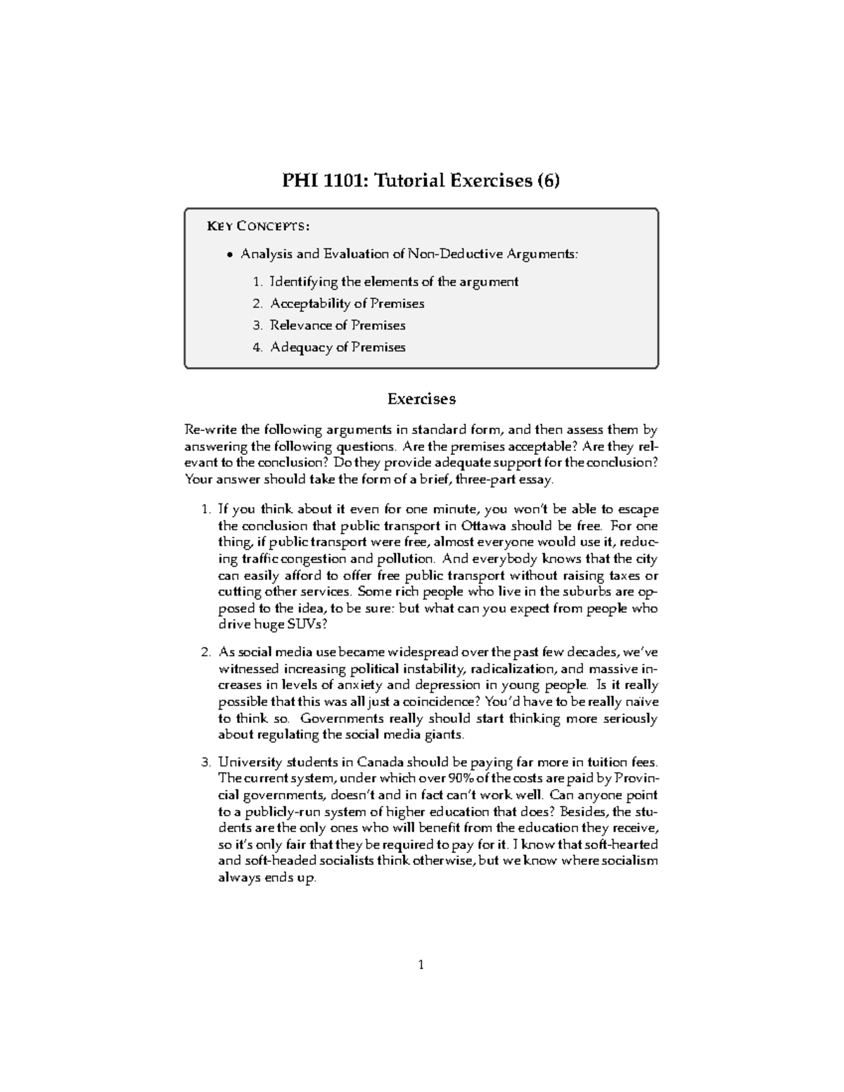 Exercises Lec 9-11 - PHI 1101: Tutorial Exercises (6) KEY CONCEPTS ...
