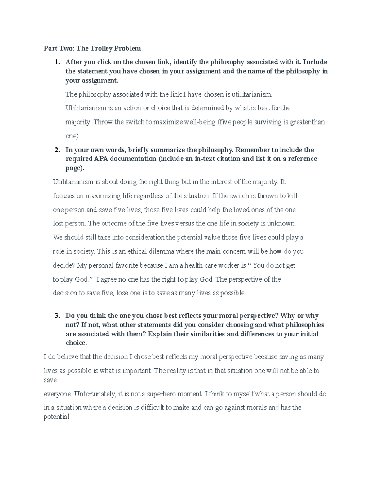 The Trolley Problem - After you click on the chosen link, identify the ...