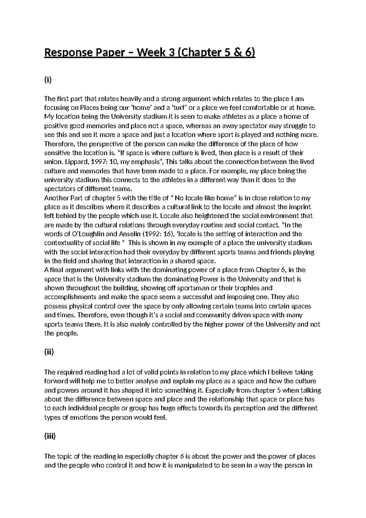 Response Paper 1 - Summary Cultural Geographies - Response Paper – Week ...
