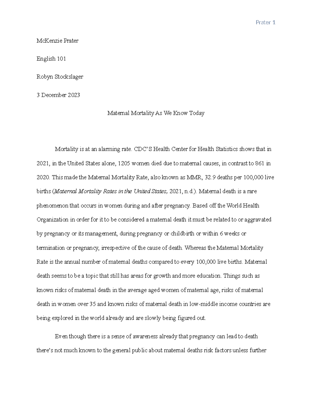 Maternal Mortlaity Research Essay - McKenzie Prater English 101 Robyn ...