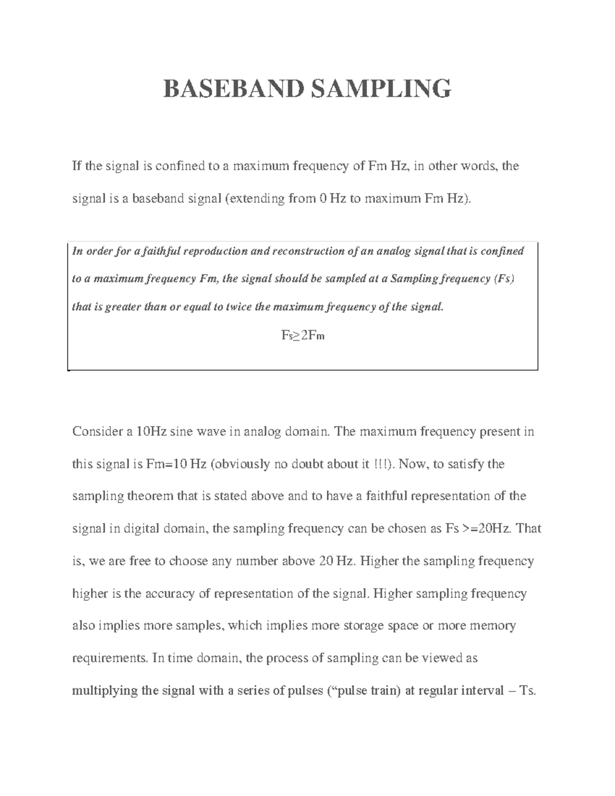 Baseband Sampling - BASEBAND SAMPLING If the signal is confined to a ...