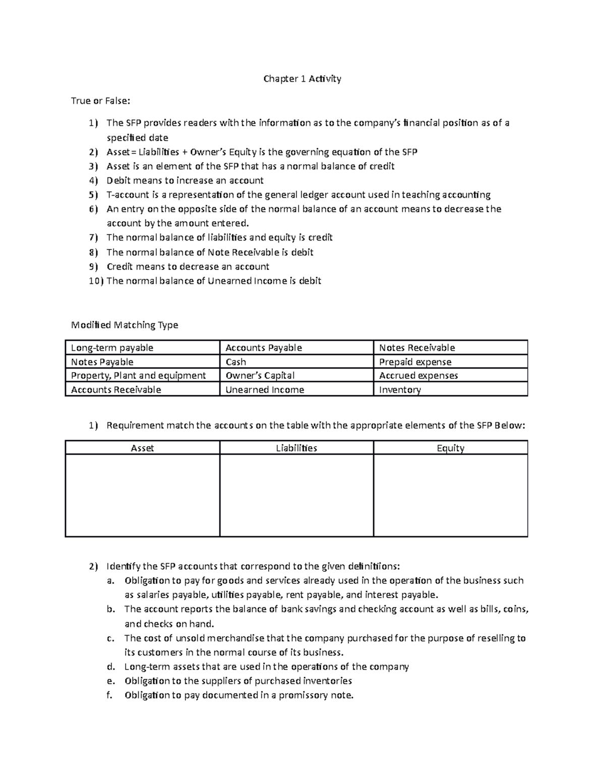 Activity chapter 1 accounting - Chapter 1 Activity True or False: The ...