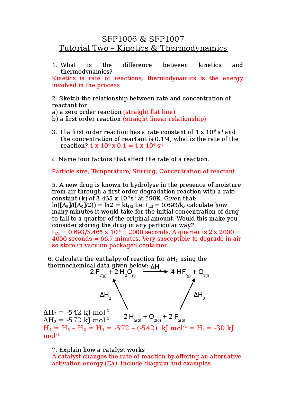 Tutorial 2 kinetics and thermo with answers - SFP1006 & SFP1007 ...
