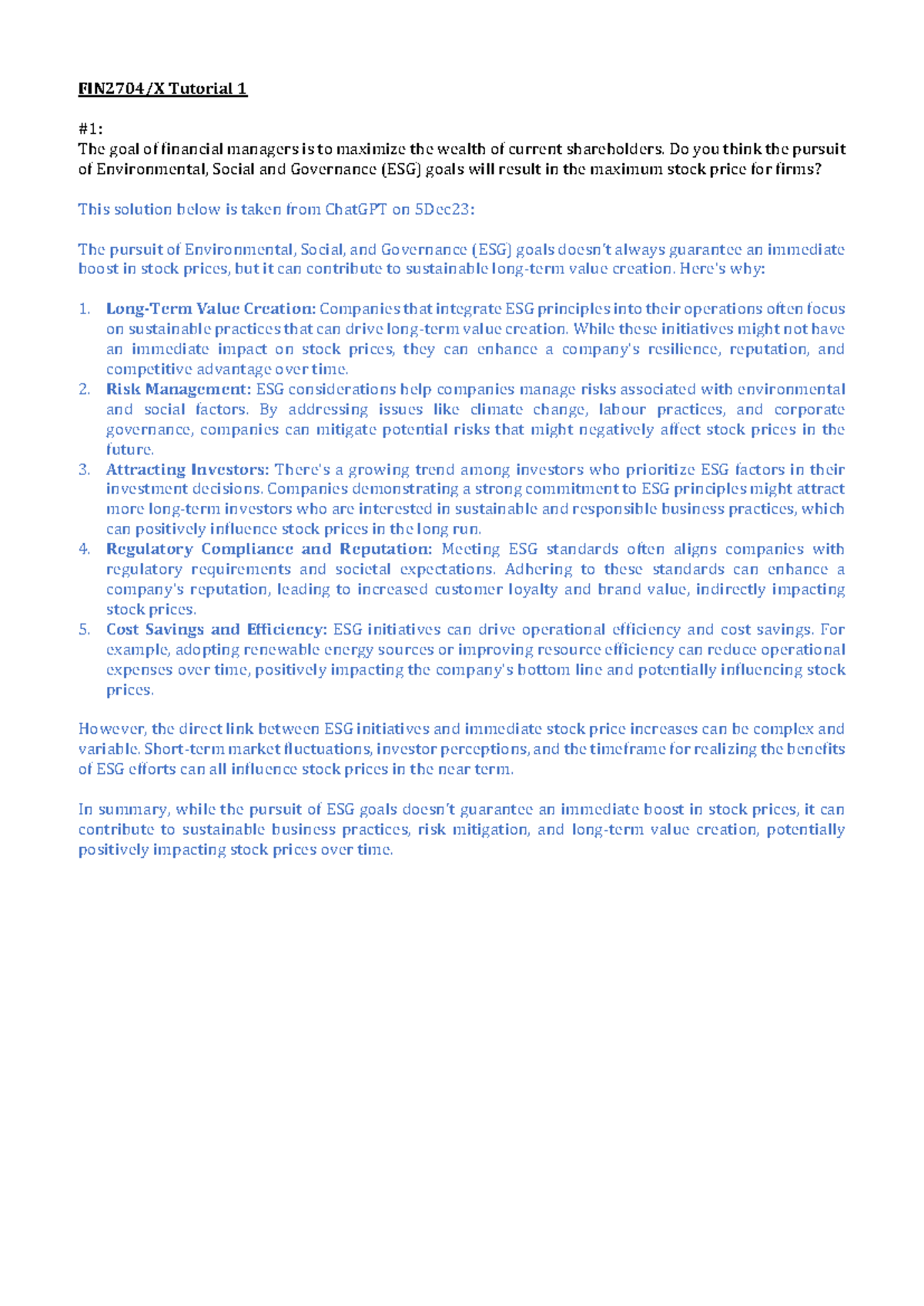 FIN2704 AY23-24 Sem2 Tutorial 1 Solutions - FIN2704/X Tutorial 1 #1 ...