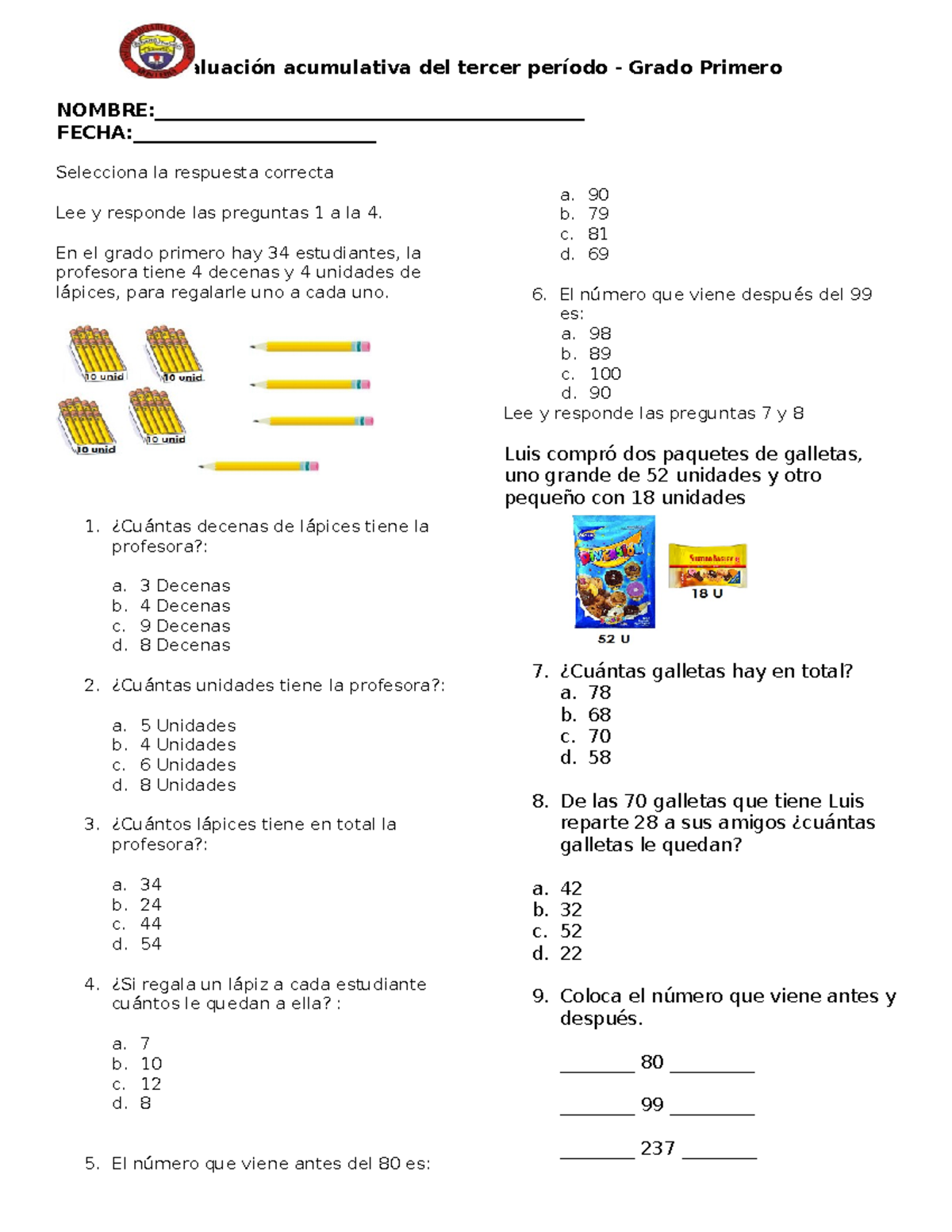 Evaluación de matemáticas Tercer periodo - Evaluación acumulativa del ...