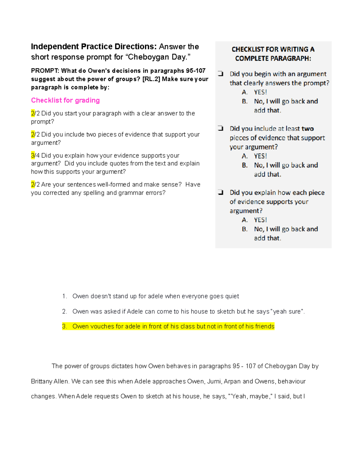Copy of Cheboygan Day Writing Activity.docx - Independent Practice ...
