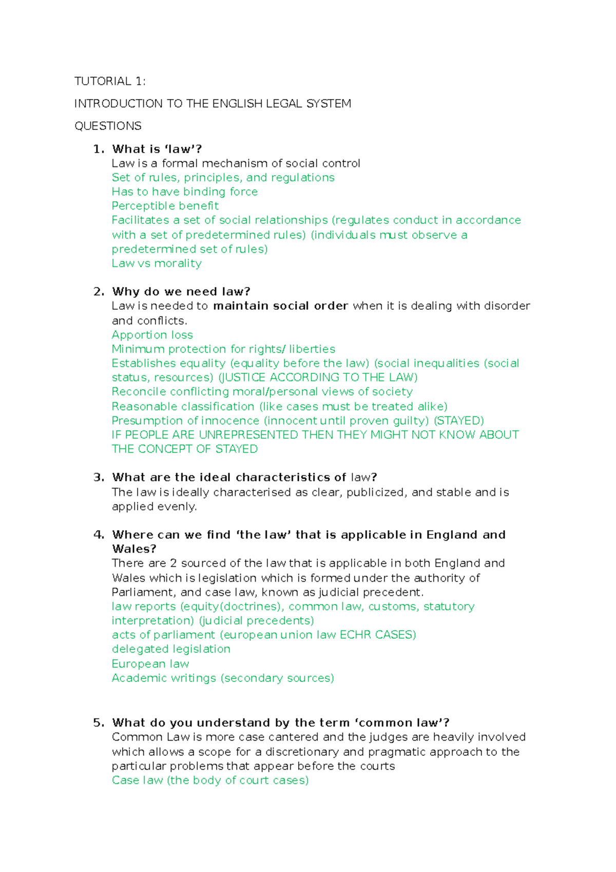 English Legal System Tutorial 1 - TUTORIAL 1: INTRODUCTION TO THE ENGLISH LEGAL SYSTEM QUESTIONS ...