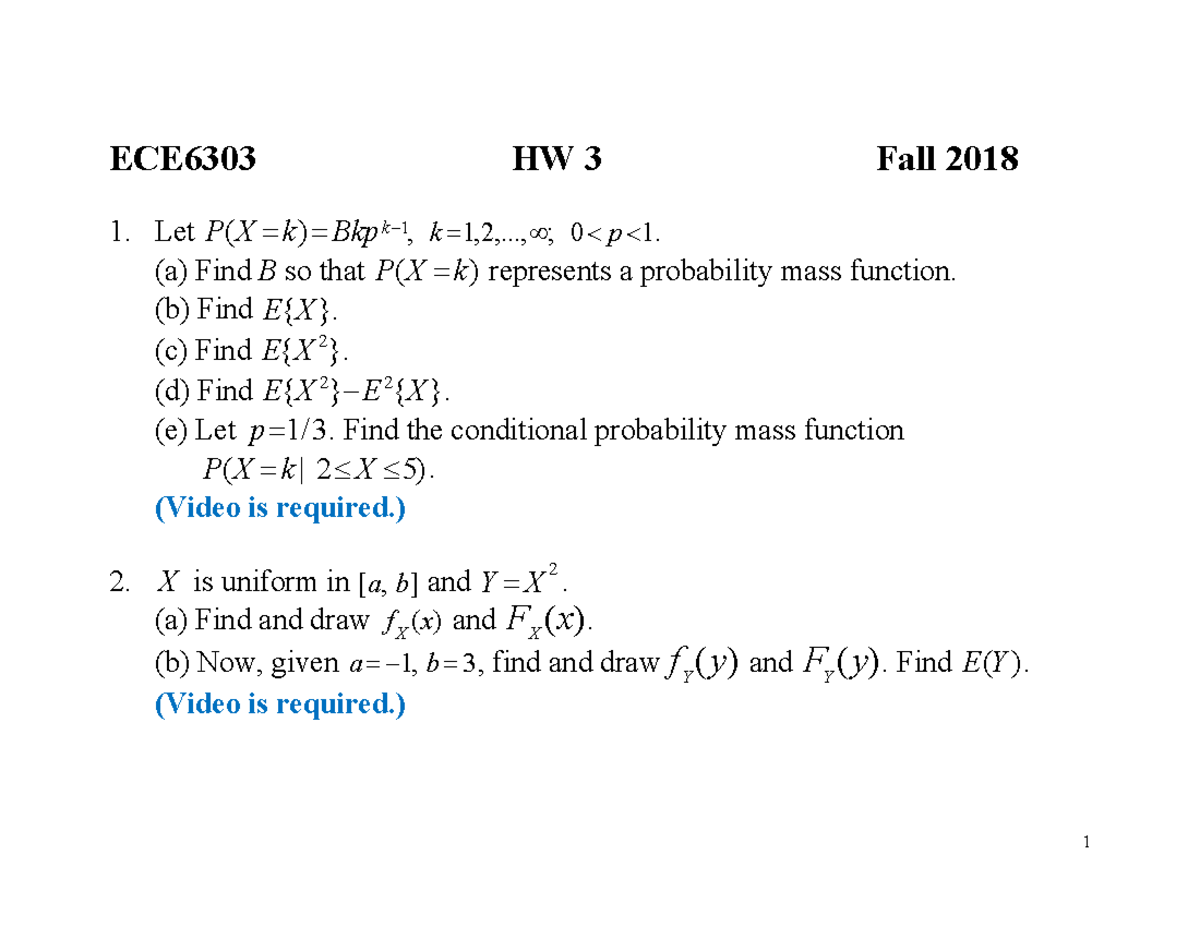 HW 3 - Homework questions for probability course hw3 2024 - 1 ECE6303 ...