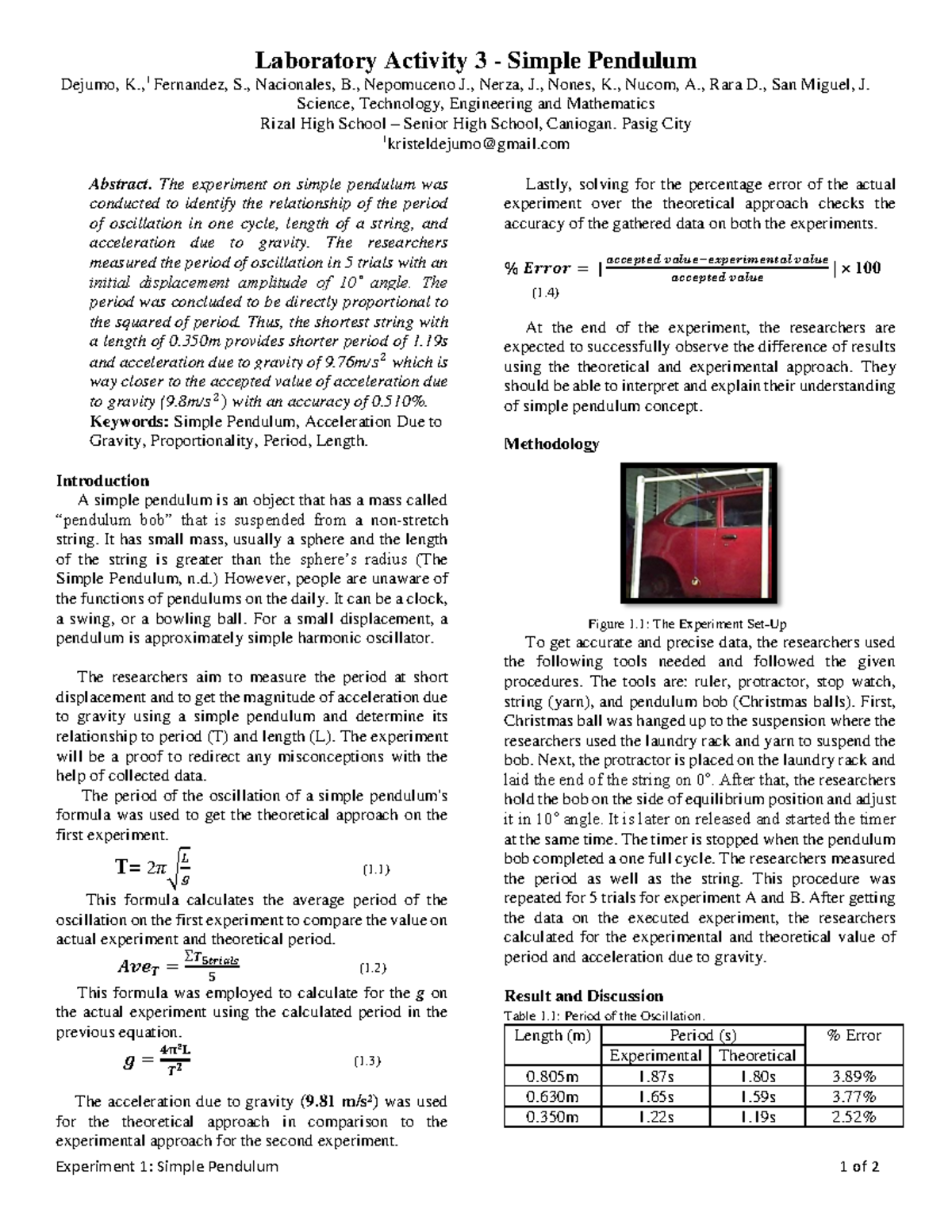 LAB- Report Group-3-12STEM-C - Laboratory Activity 3 - Simple Pendulum Dejumo, K., 1 Fernandez ...