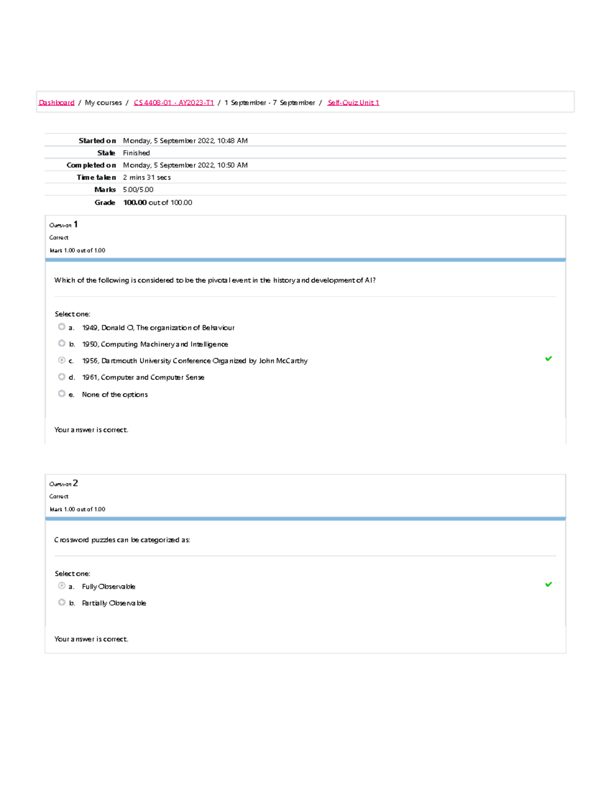 Quiz1 - Unit 1 Practice Quiz, 100% - Started on Monday, 5 September ...