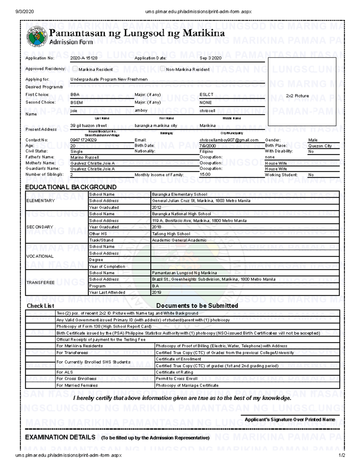 Cj ngaaa - 9/3/2020 ums.plmar.edu.ph/admissions/print-adm-form - Studocu