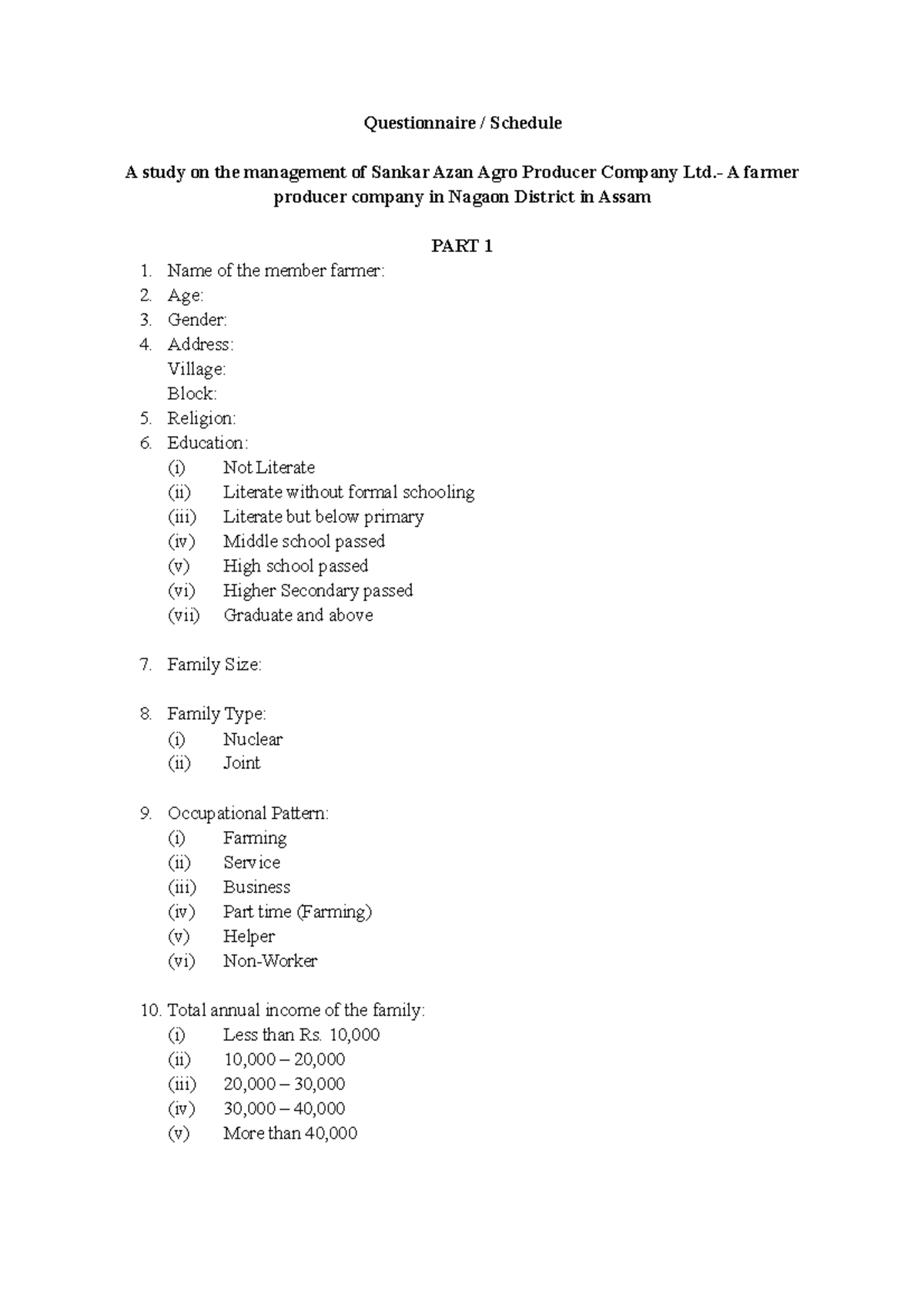 Schedule for objective 2 - Questionnaire / Schedule A study on the ...