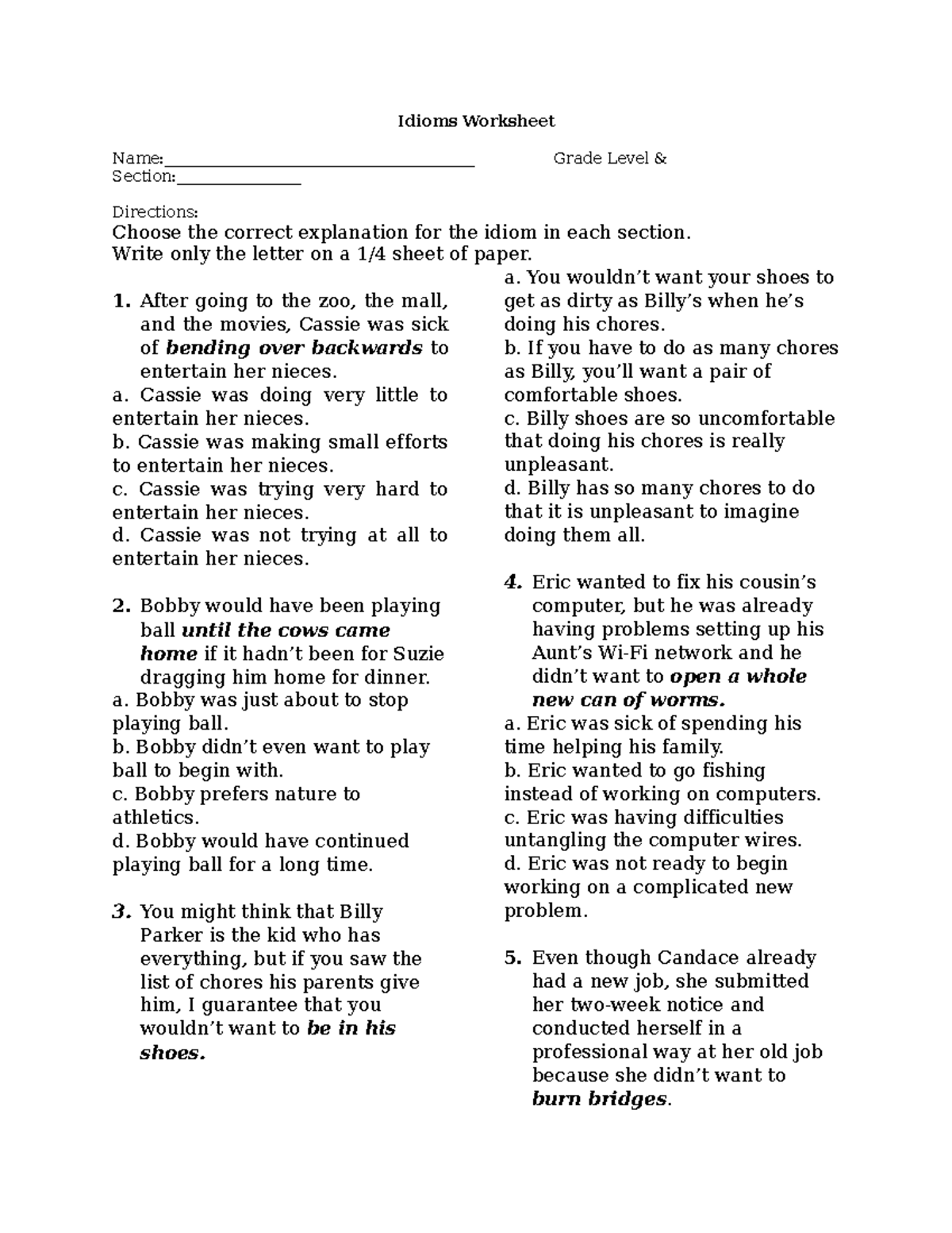 Idioms Worksheet 1 - BSED- English (ELT321) - Edit - Idioms Worksheet ...
