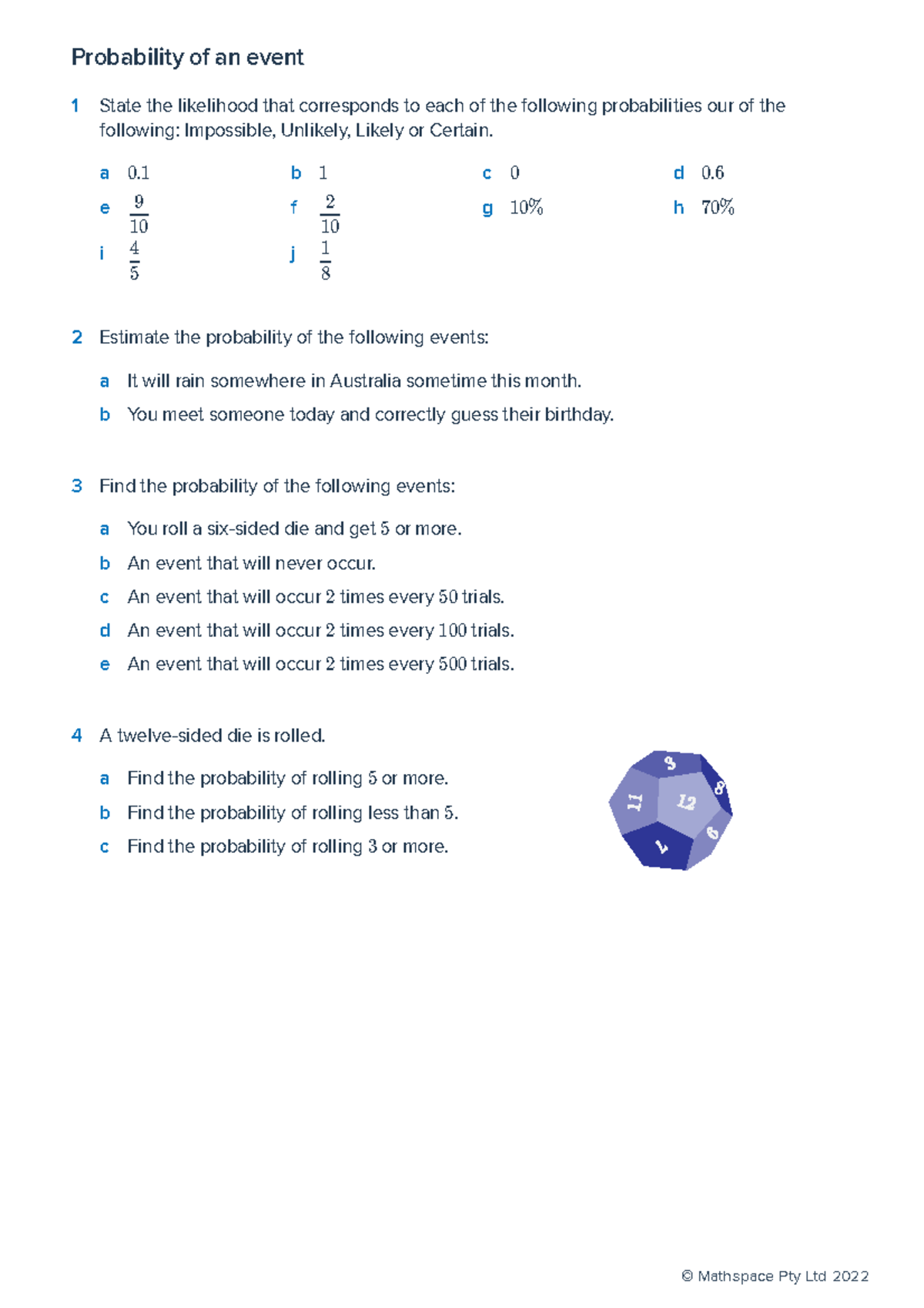 12.02 Probability as a number - worksheet - Probability of an event 1 ...