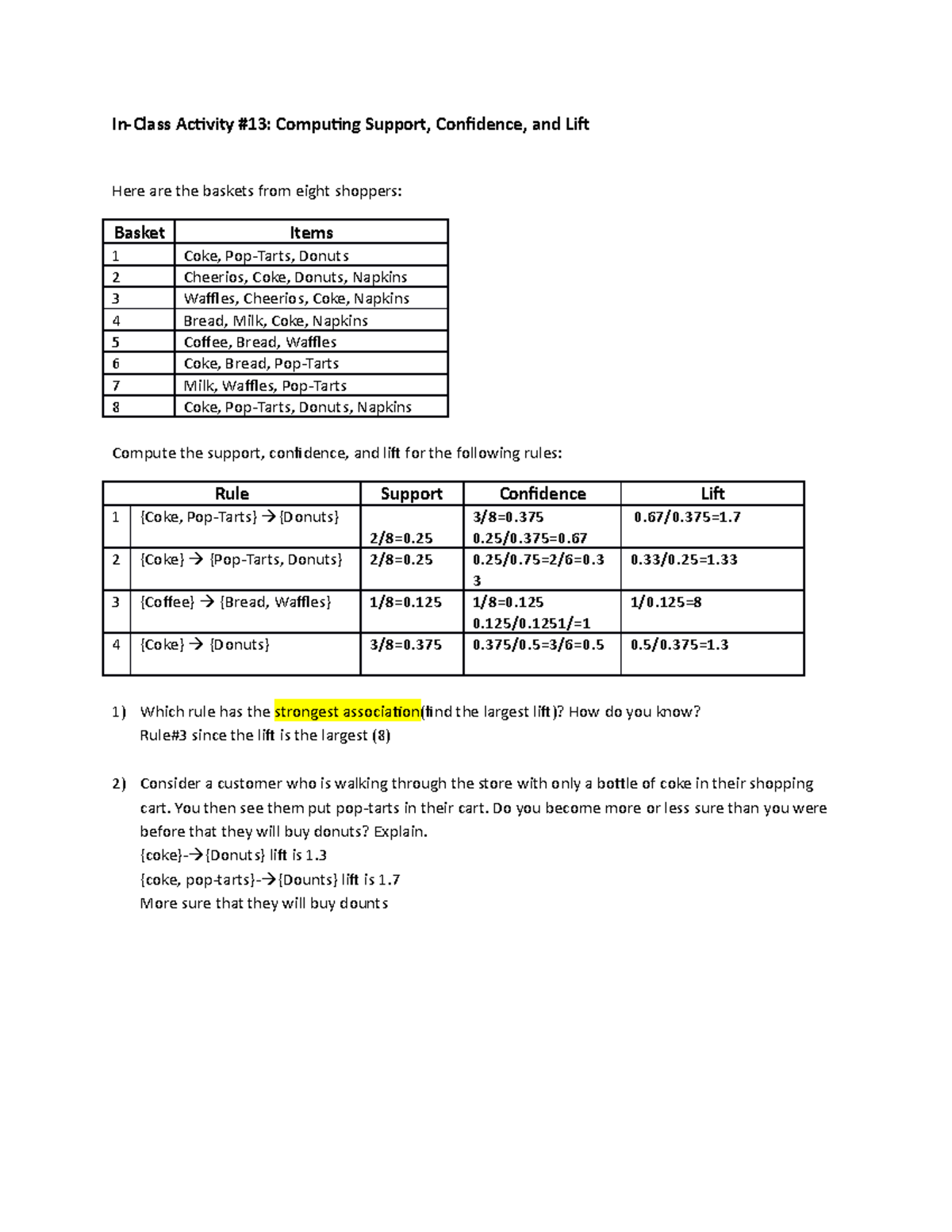 ICA #13 - Computing Confidence, Support, and Lift - In-Class Activity ...
