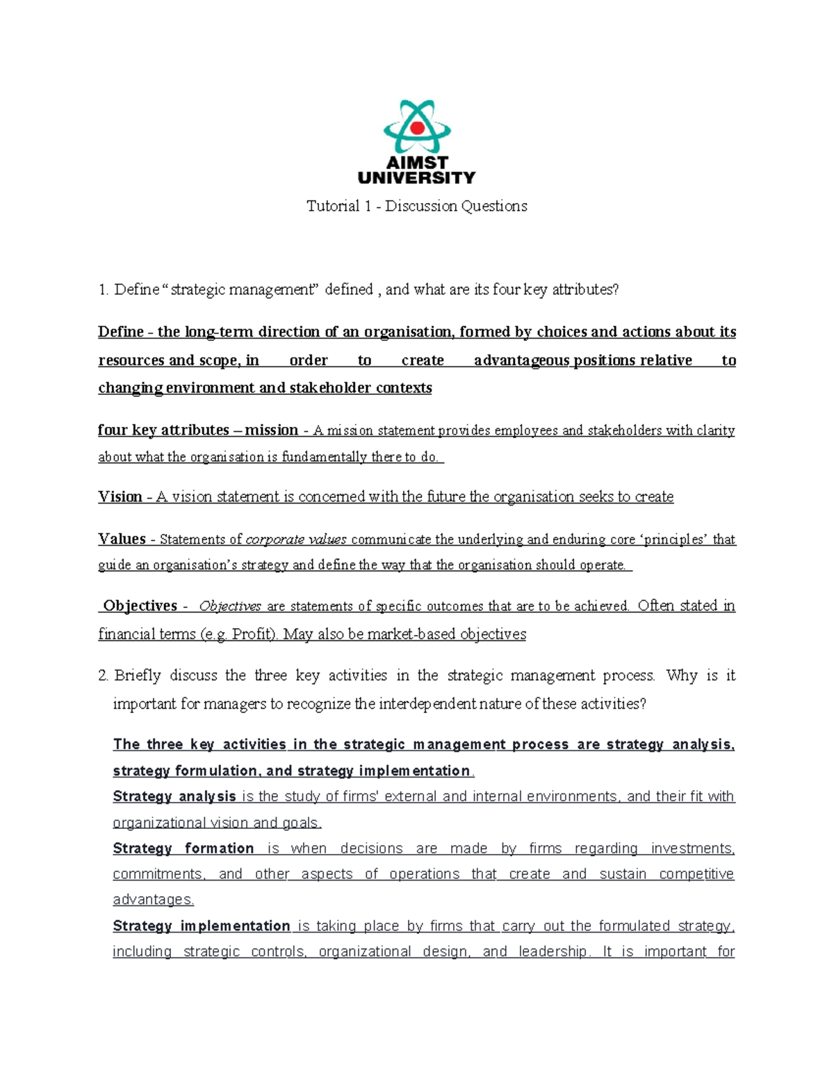 Tutorial 1 questions - Tutorial 1 - Discussion Questions 1. Define ...