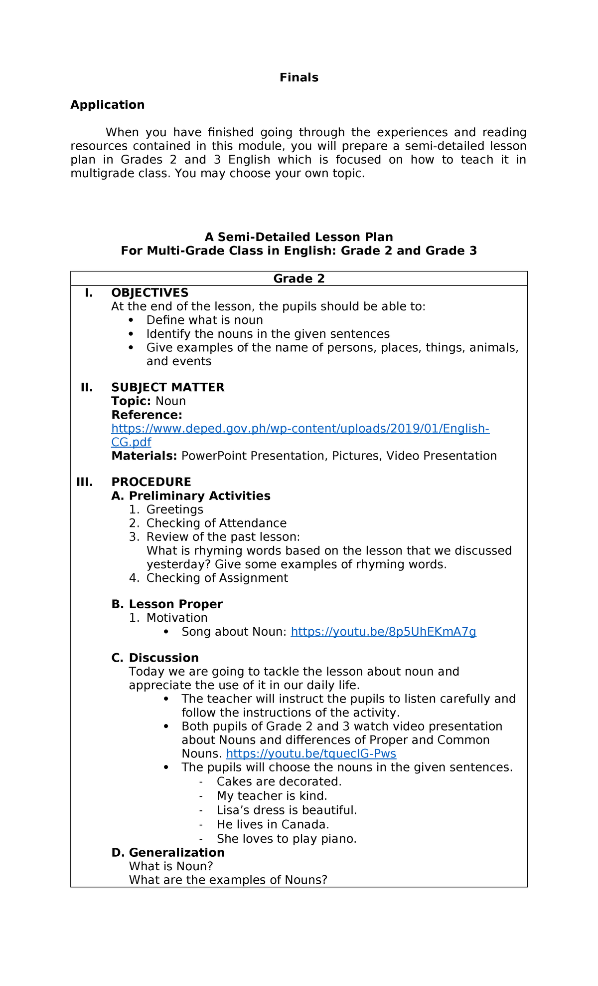 Multigrade Lesson Plan - Finals Application When you have finished ...