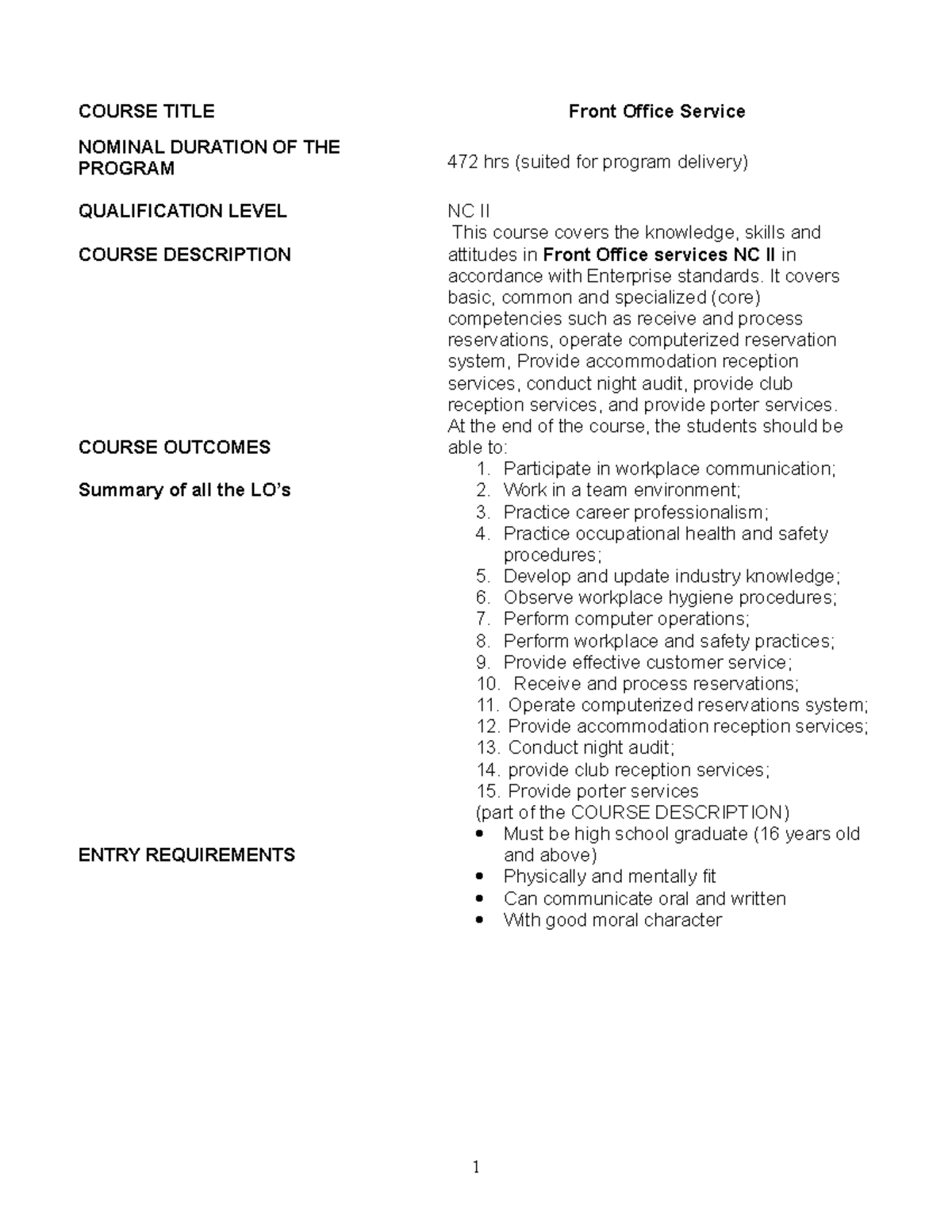 FRONT OFFICE SERVICES Course Design NC II - Front Office Services NC II ...