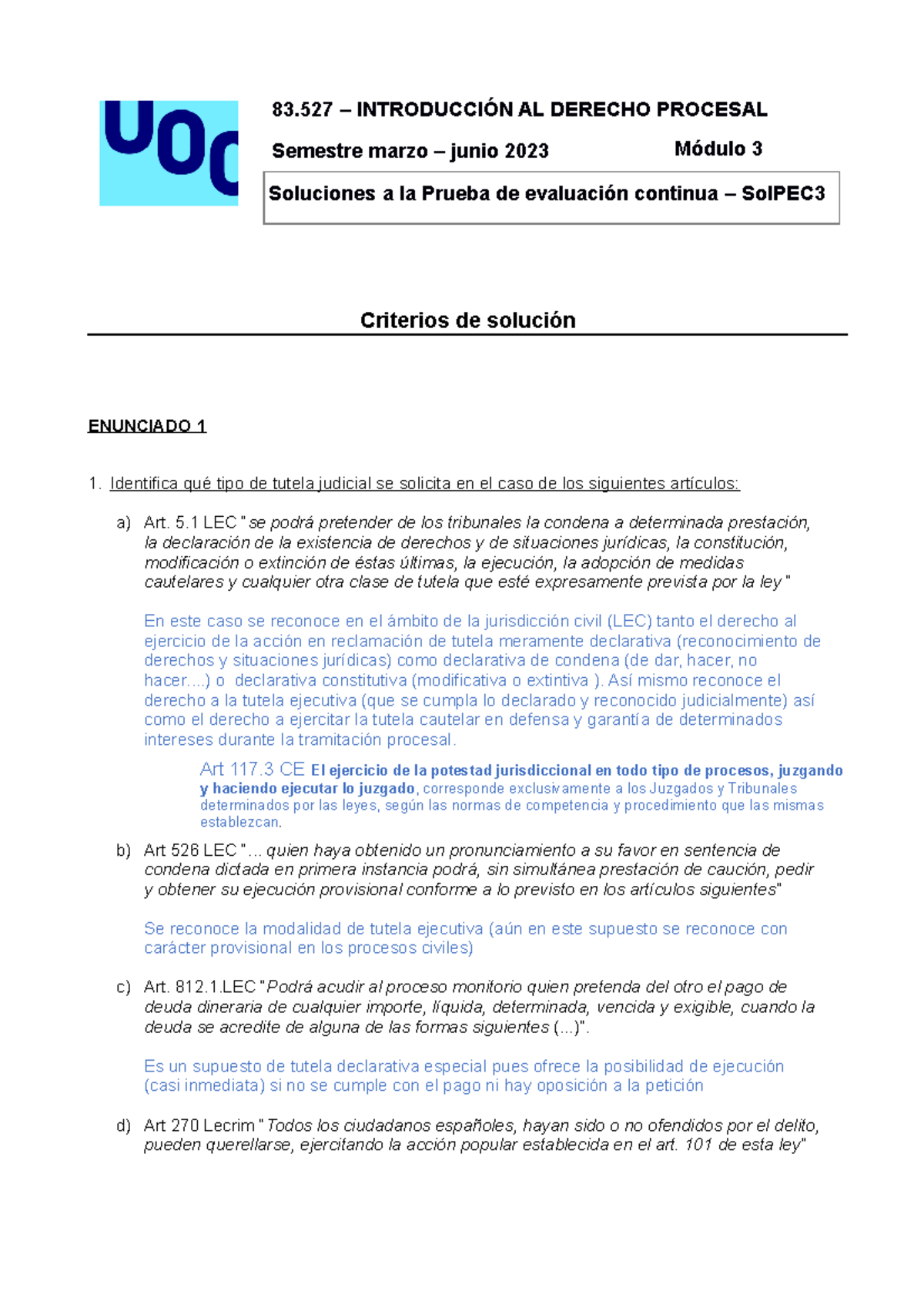 PEC 3 SOLUCIONES - Introducción al Derecho Procesal - UOC - Studocu