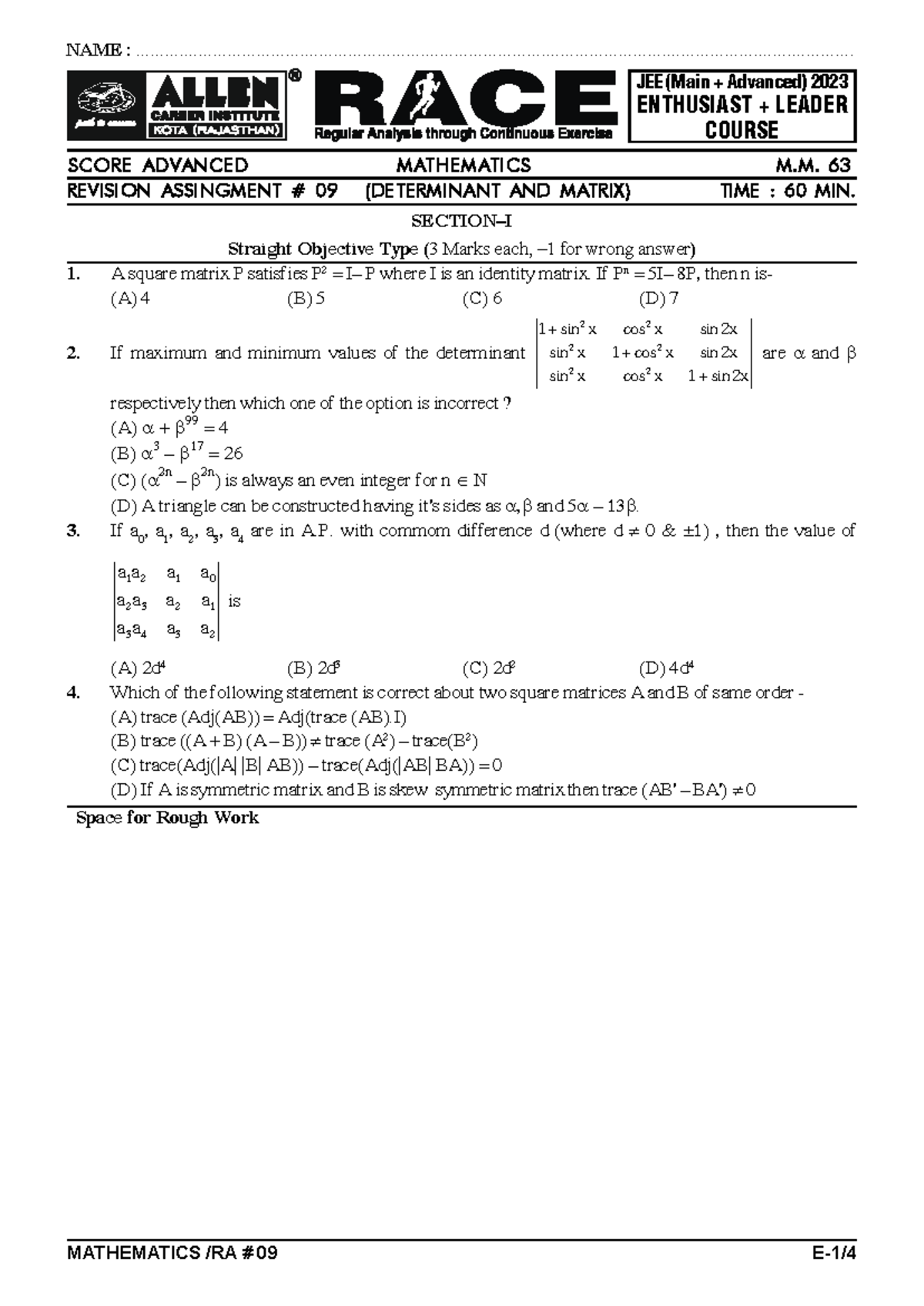 09 RA Determinant and Matrix E - MATHEMATICS /RA # 09 E-1/ JEE (Main ...