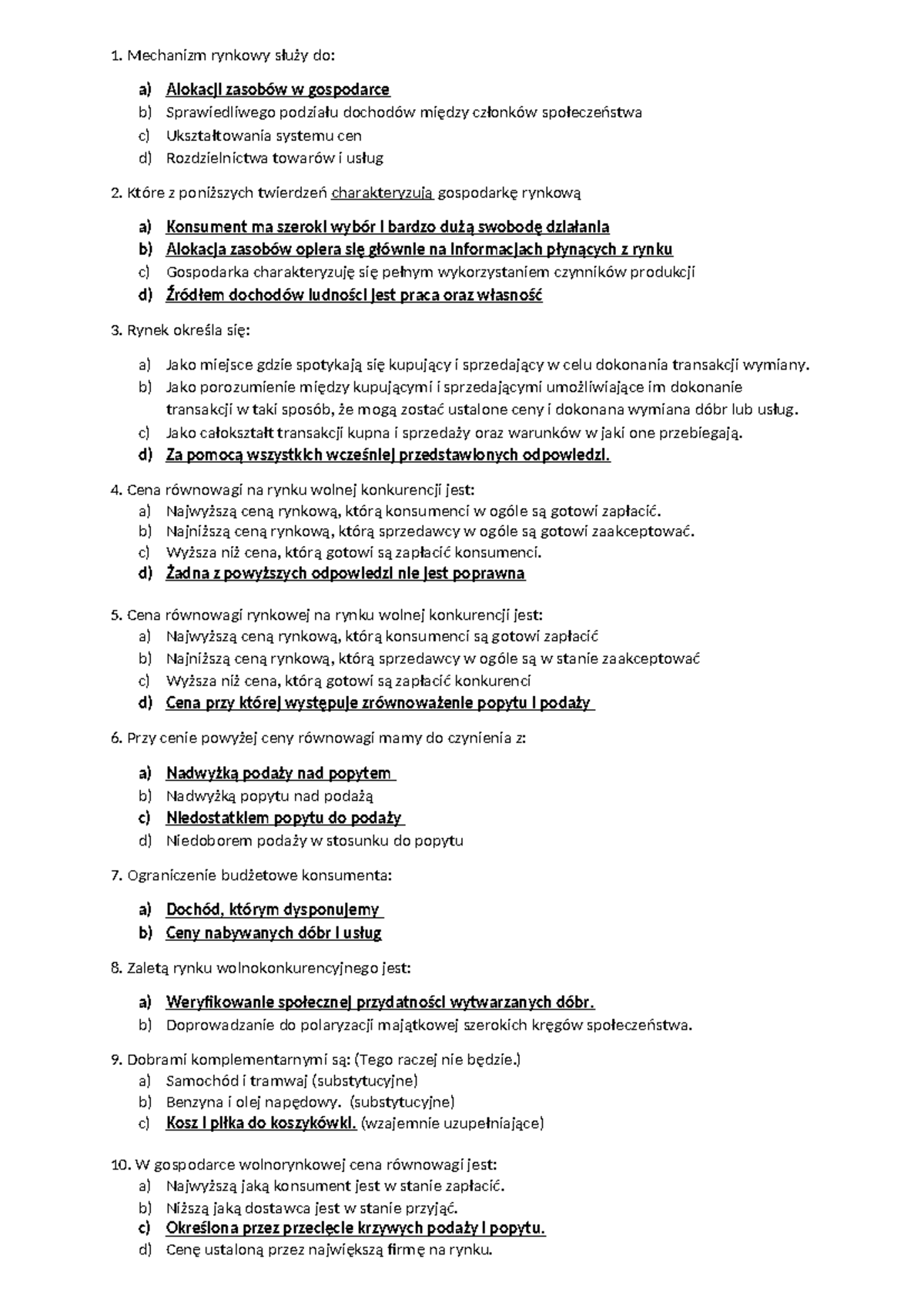 Wszysdtkie-Pytania-Mikro - Mechanizm rynkowy służy do: a) Alokacji zasobów w gospodarce b) - Studocu