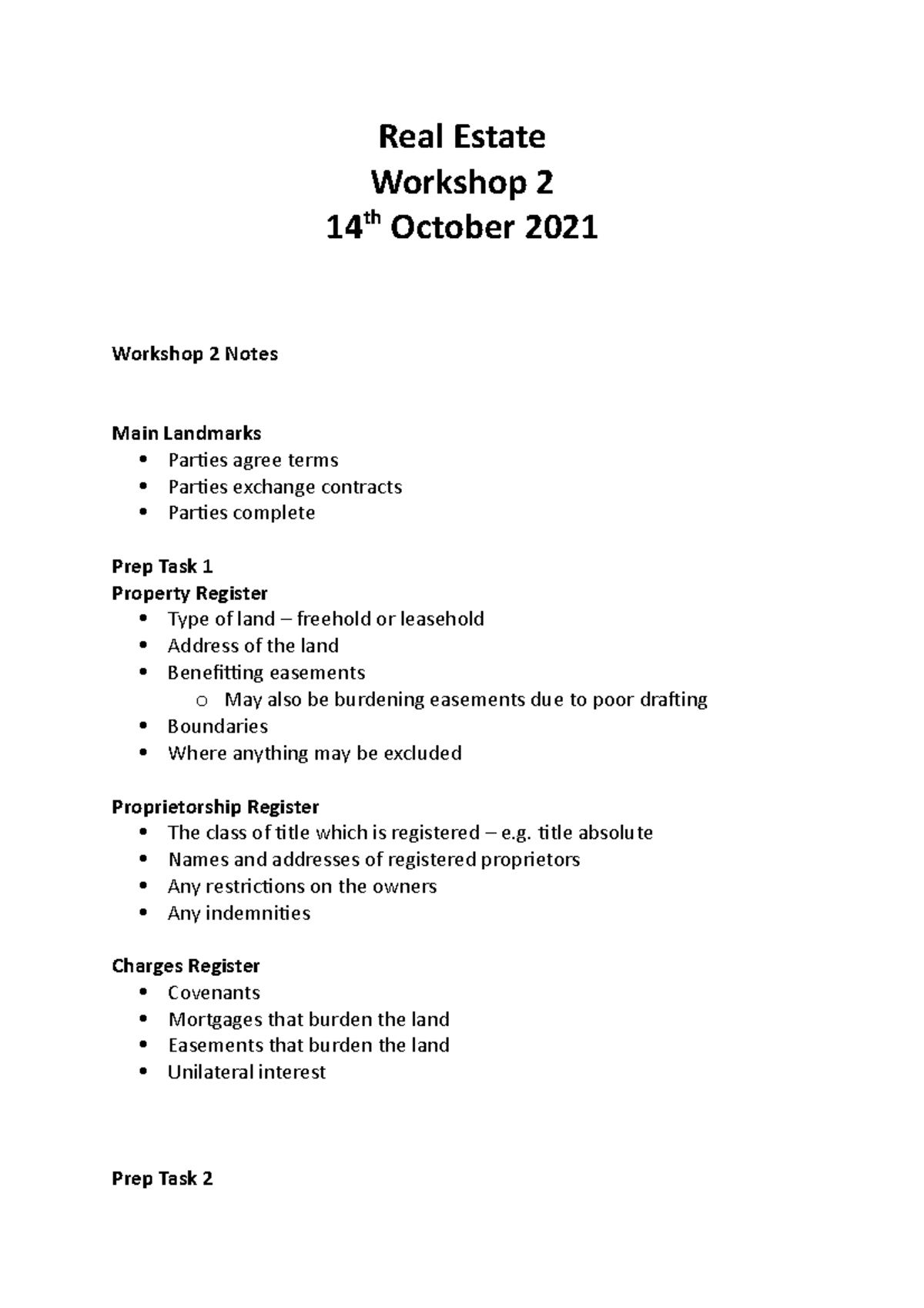 Real Estate - Workshop 2 Prep Task + Lecture Notes - 1920 RE - Studocu