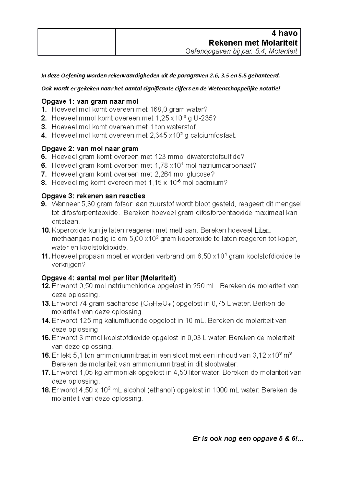 Rekenen met mol molariteit bij par 5 - 4 havo Rekenen met Molariteit ...