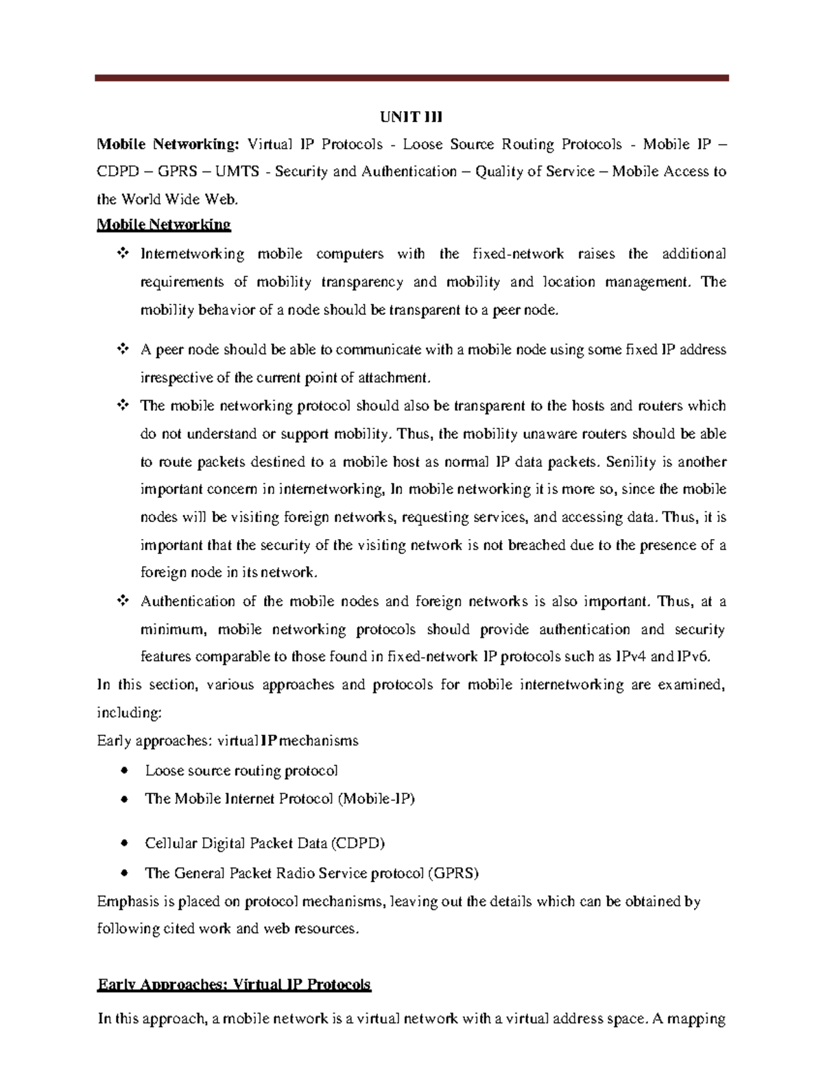 Mc Unit Iii Unit Iii Mobile Networking Virtual Ip Protocols Loose Source Routing Protocols