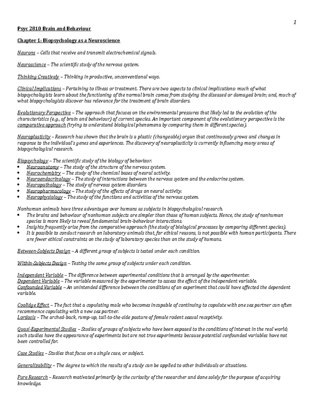 Psyc 2810 Unit 1 Lecture Notes 1 5 Psyc 2810 Brain And Behaviour 1 Chapter 1 Biopsychology