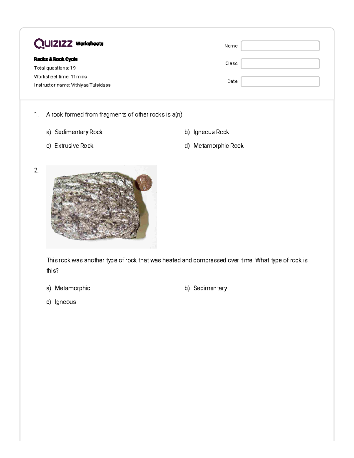 Rocks & Rock Cycle Quizizz - Worksheets Rocks & Rock Cycle Total ...
