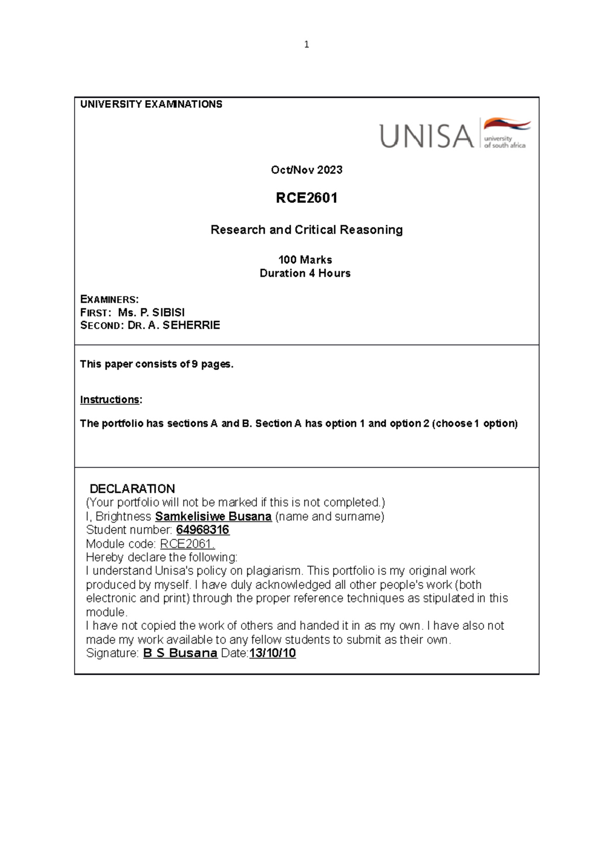 Ncebo 1 - pass - UNIVERSITY EXAMINATIONS Oct/Nov 2023 RCE Research and ...