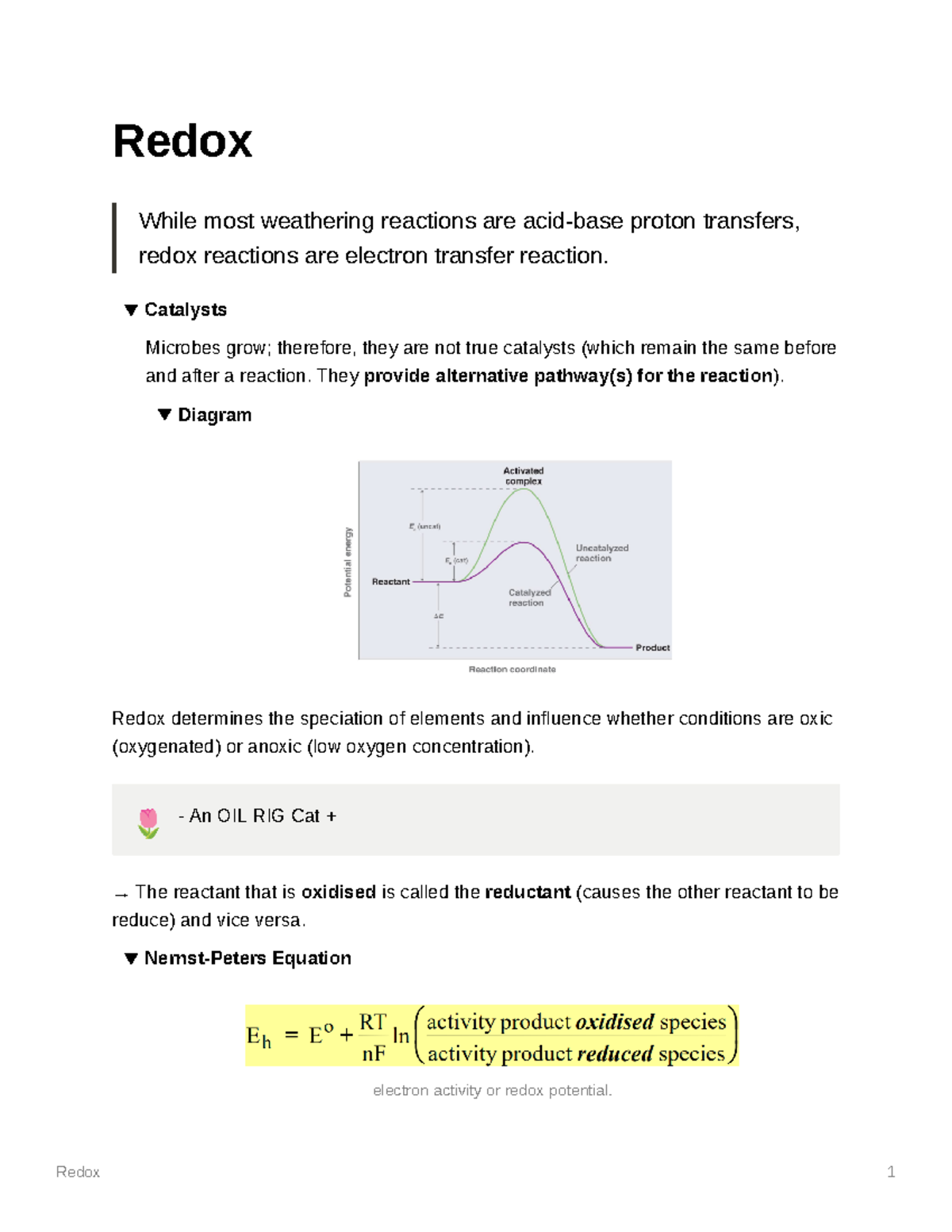 Week 5 Notes - REDOX - Redox While most weathering reactions are acid ...