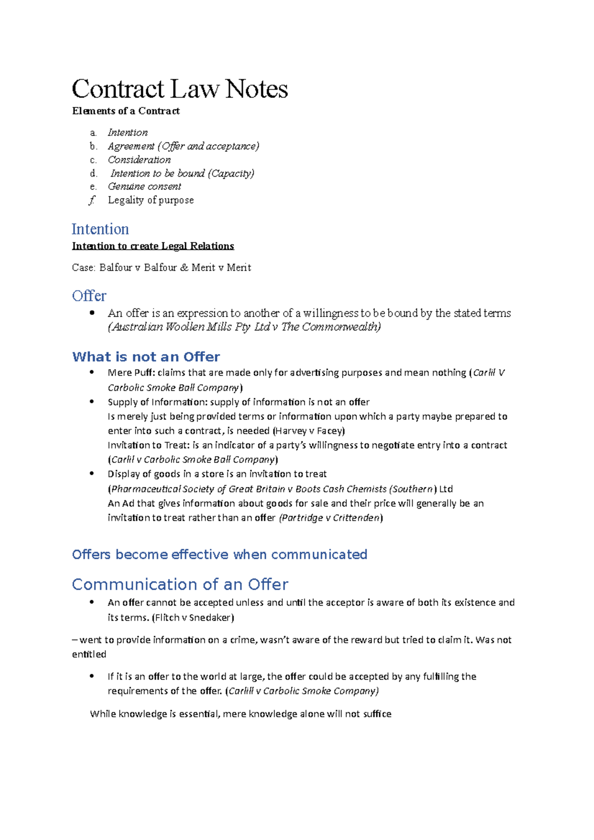 Contract Law Lecture Notes - Contract Law Notes Elements of a Contract ...