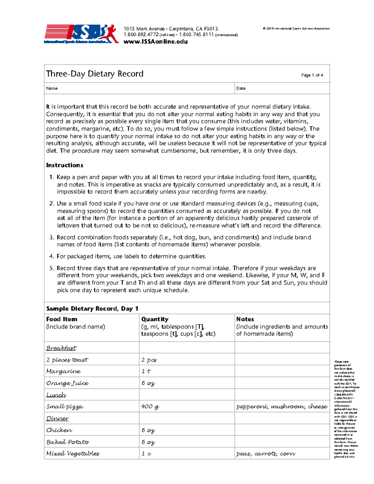 ISSA Client Intake Forms - Three-Day Dietary Record Page 1 of 4 Name ...