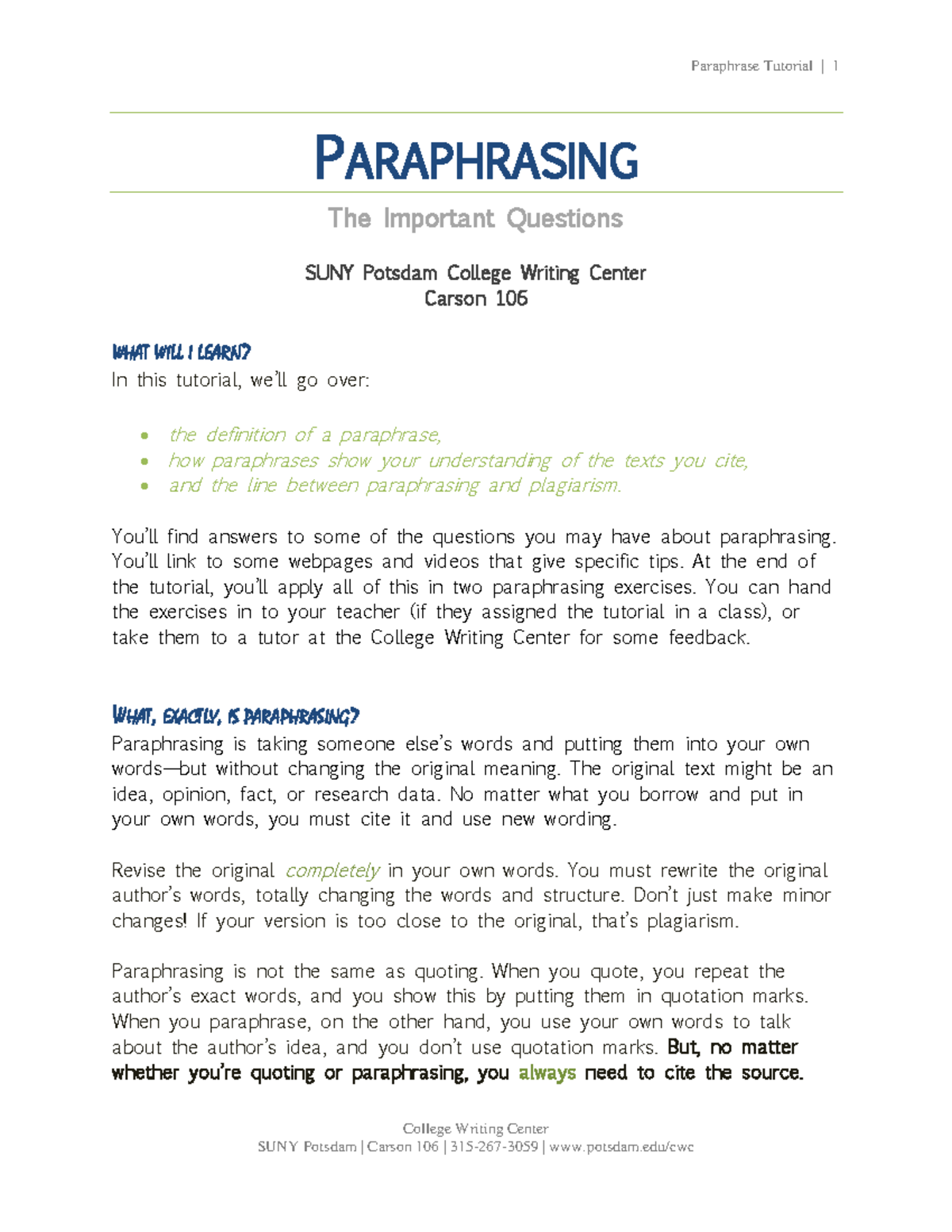 Paraphrasing - english-1 - College Writing Center PARAPHRASING The ...