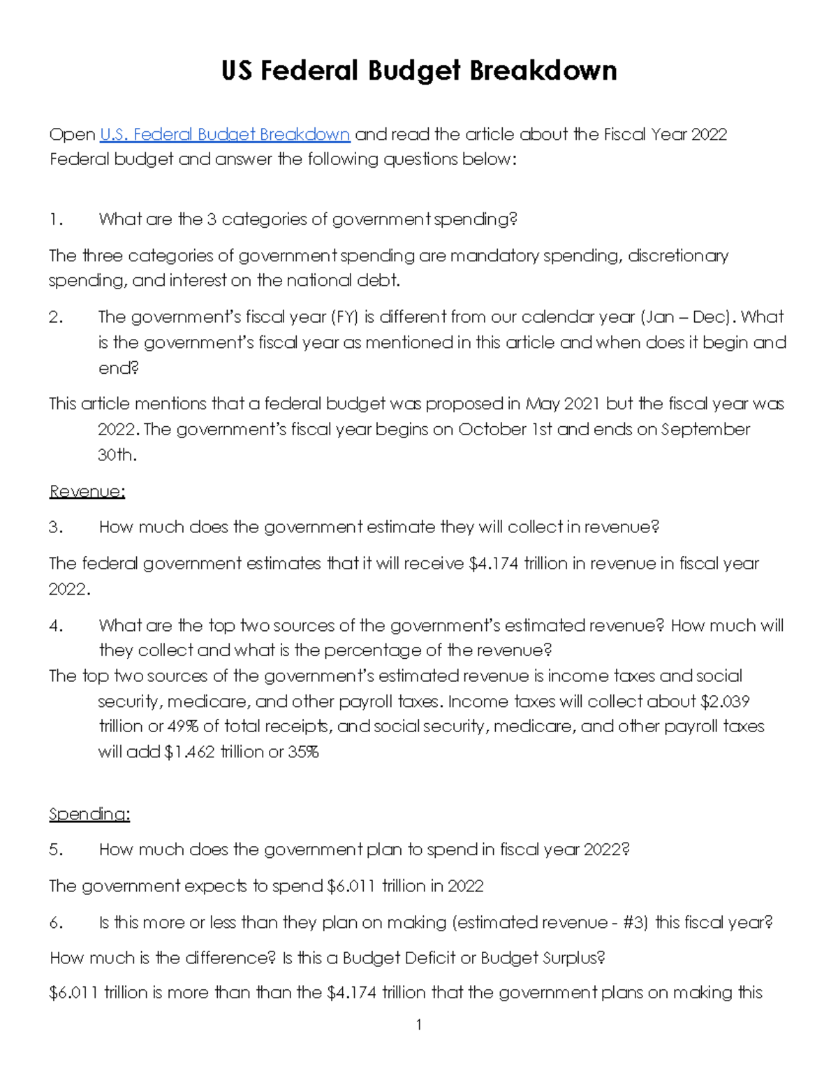 Activity - The Federal Budget Breakdown - US Federal Budget Breakdown ...