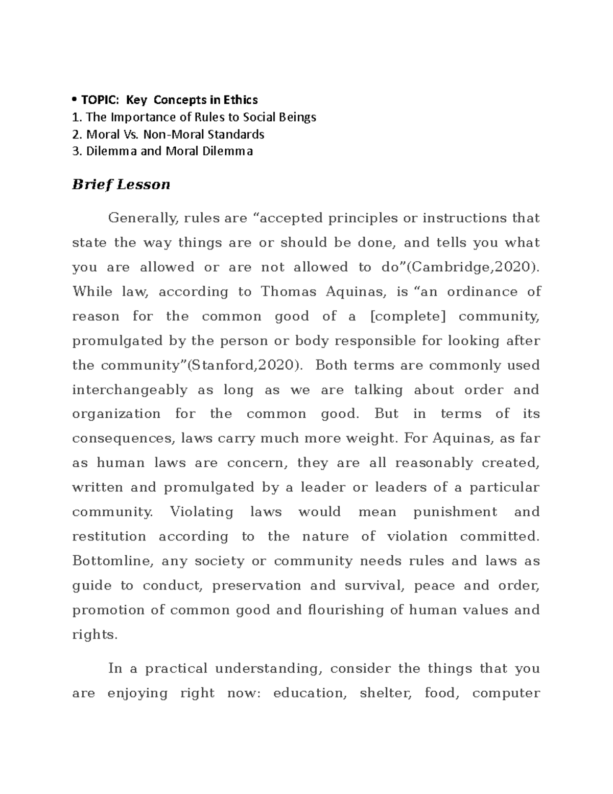 Brief Discussion -Topic 1 Ethics - TOPIC: Key Concepts in Ethics The ...