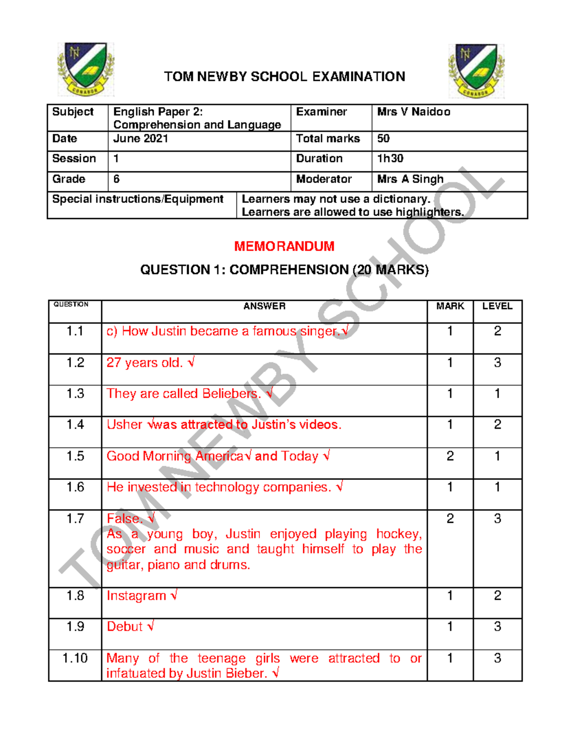 Grade 6 English Memo June 2021 - TOM NEWBY SCHOOL EXAMINATION Subject ...