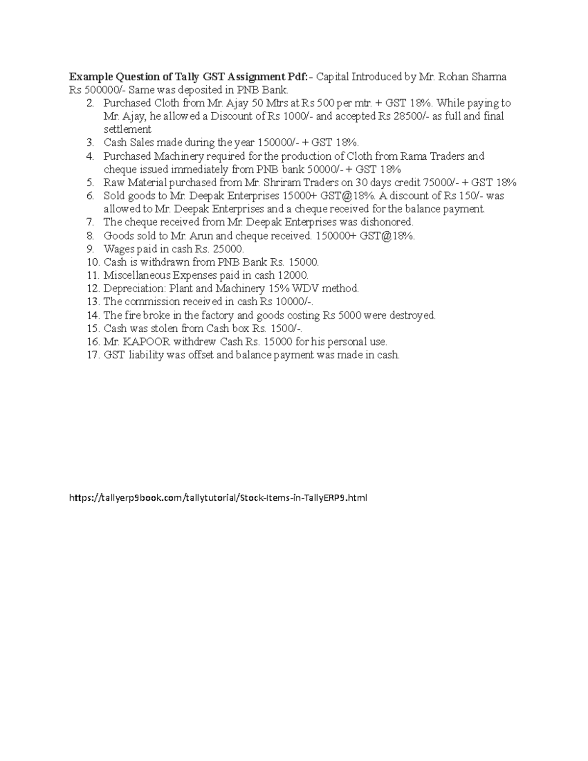 Example Question of Tally GST Assignment Pdf - Rohan Sharma Rs 500000 ...